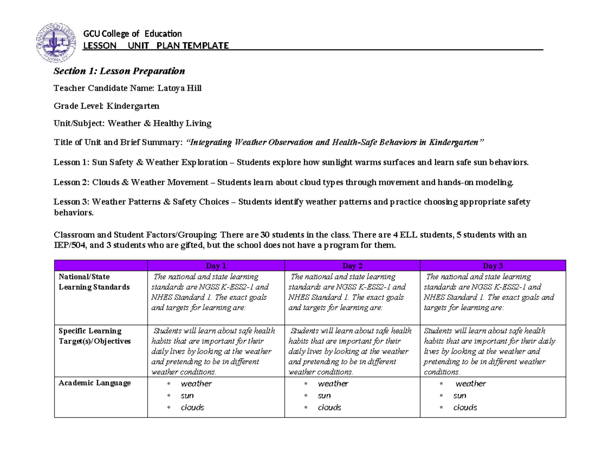 GCU College of Education 3-Day Lesson Unit Plan: Weather Exploration ...