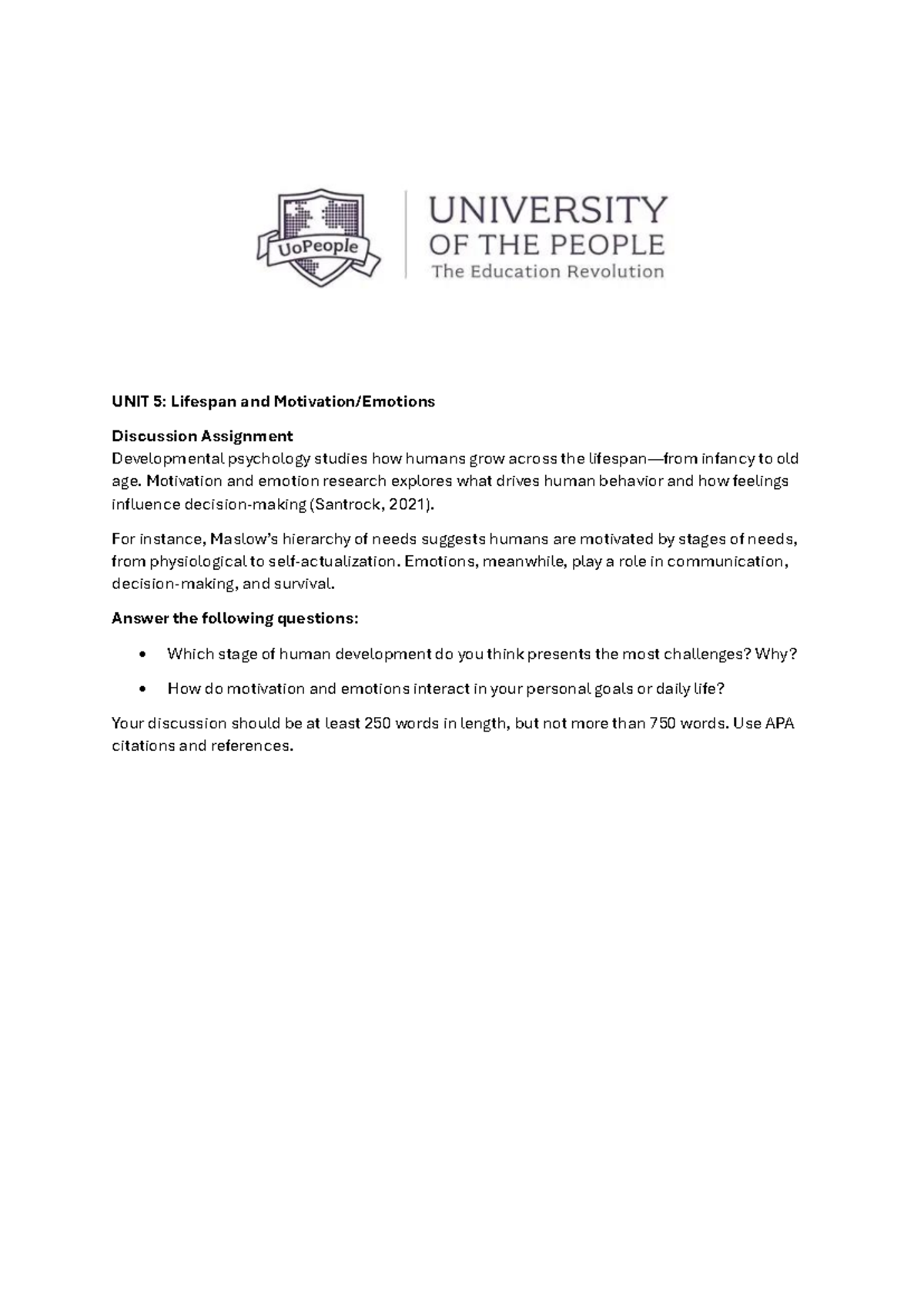 Psychology Unit 5: Lifespan & Motivation Discussion Assignment - Studocu