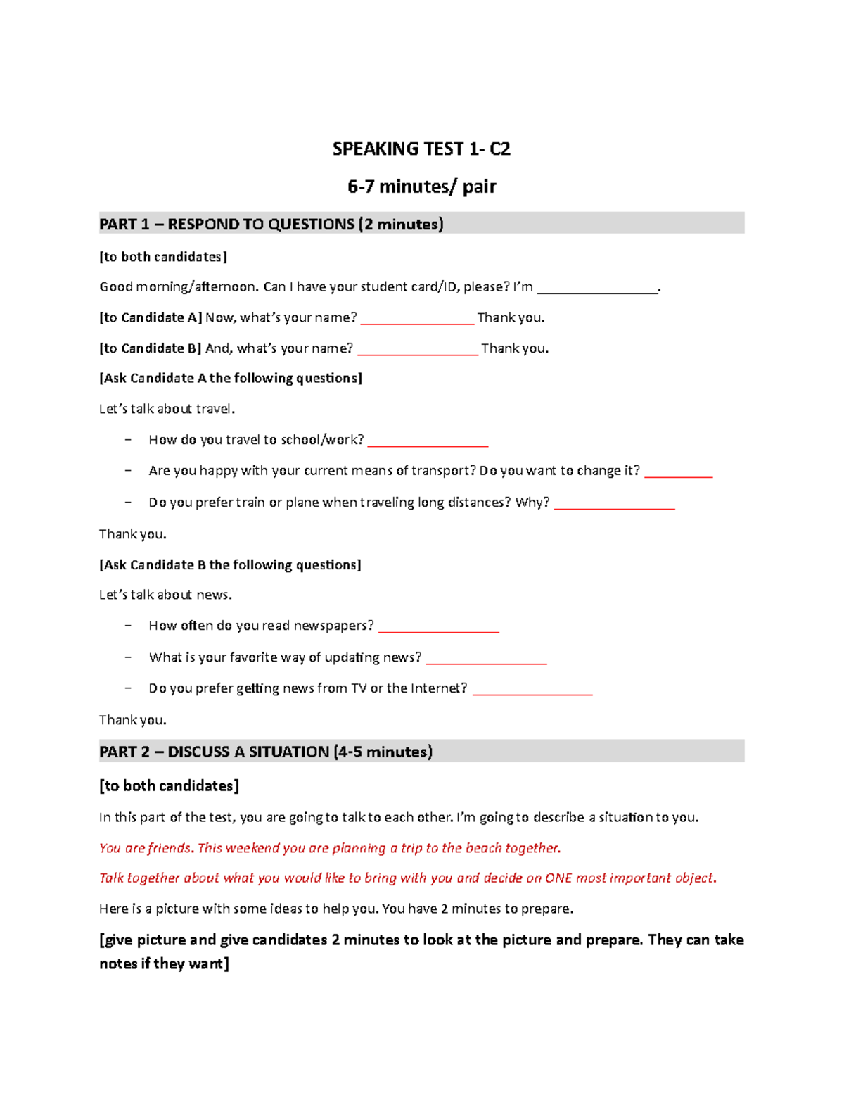 C2- Speaking Practice Final Exam: Details & Test Structure - Studocu