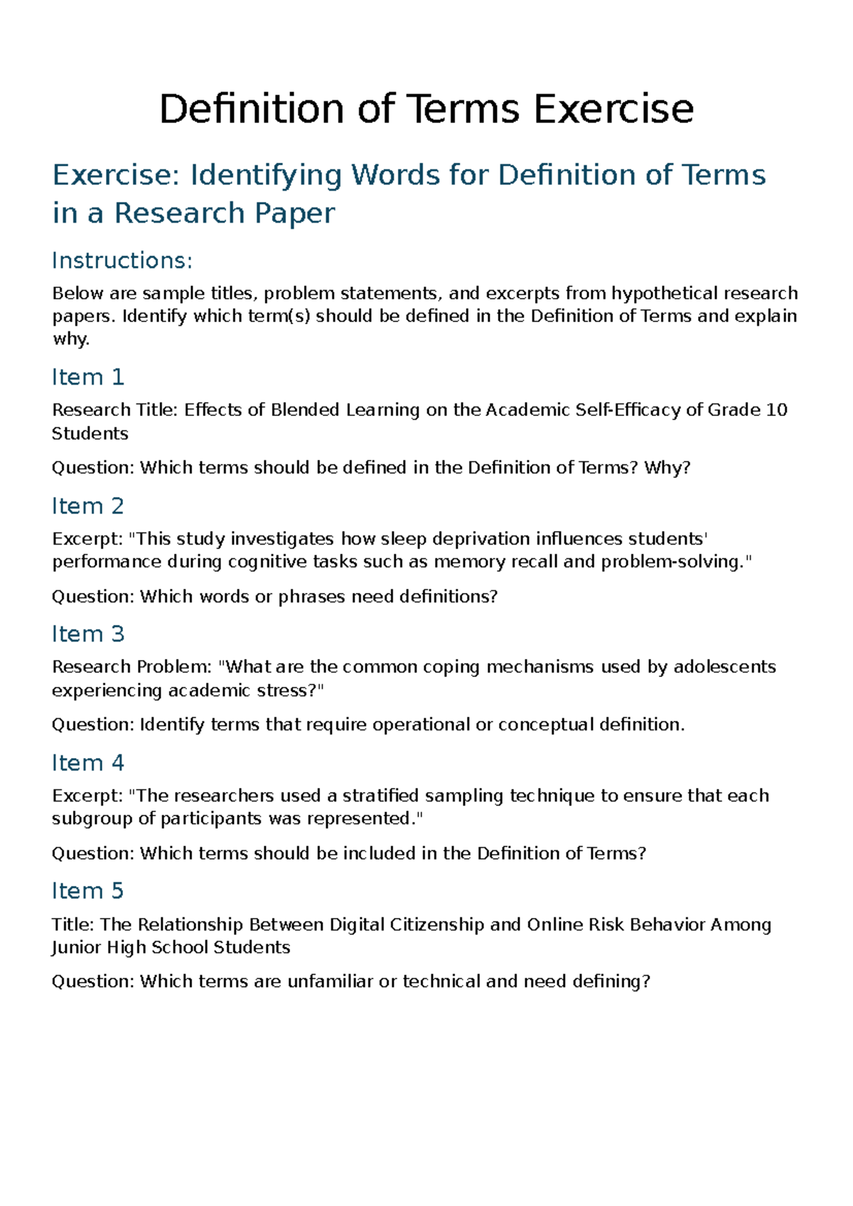Definition of Terms Exercise: Identifying Key Terms for Research Papers ...