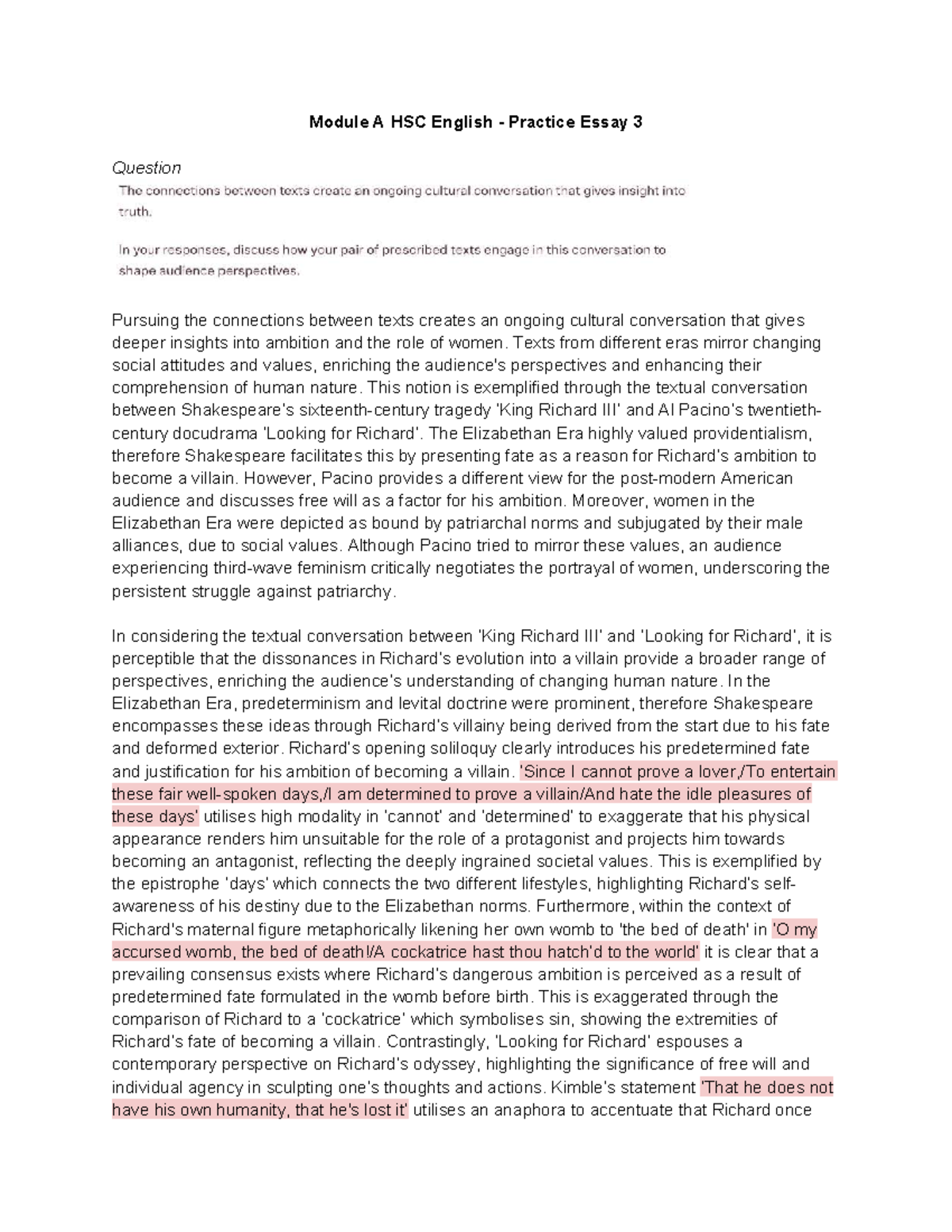 Module A HSC English - Practice Essay 3: Ambition & Women's Roles in ...