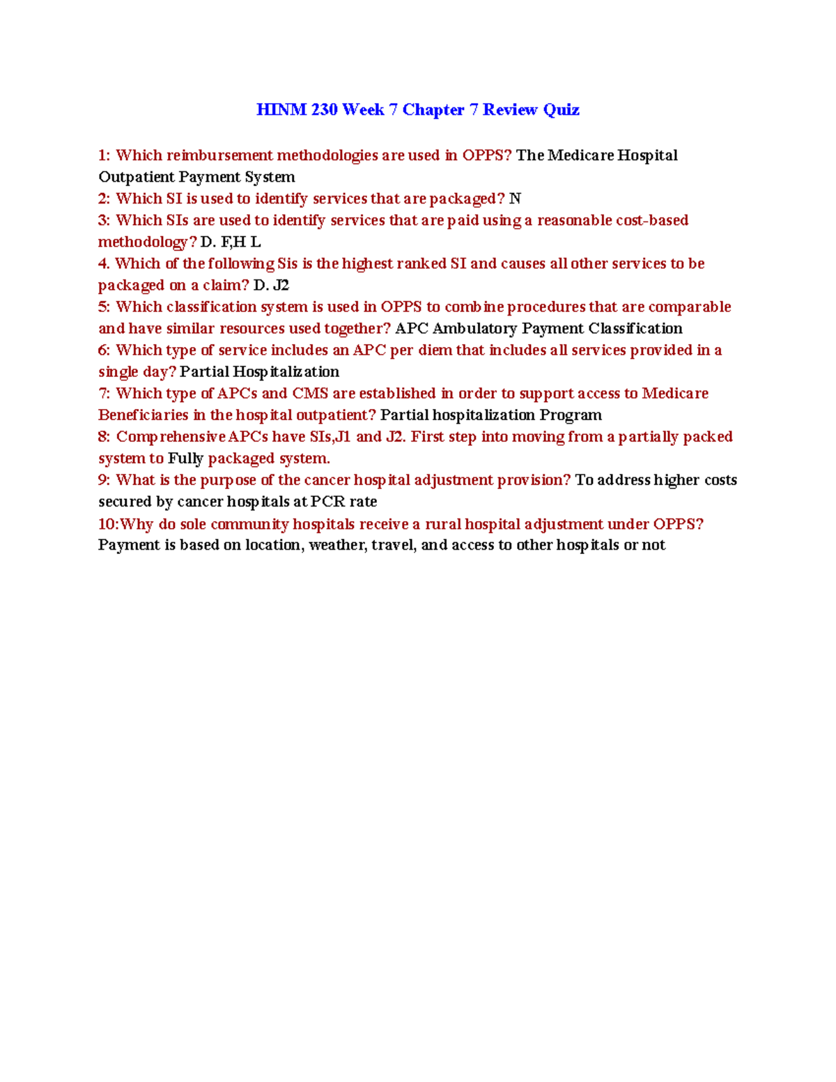 HINM 230 Week 7 Chapter 7 Review Quiz Insights and Key Points - Studocu