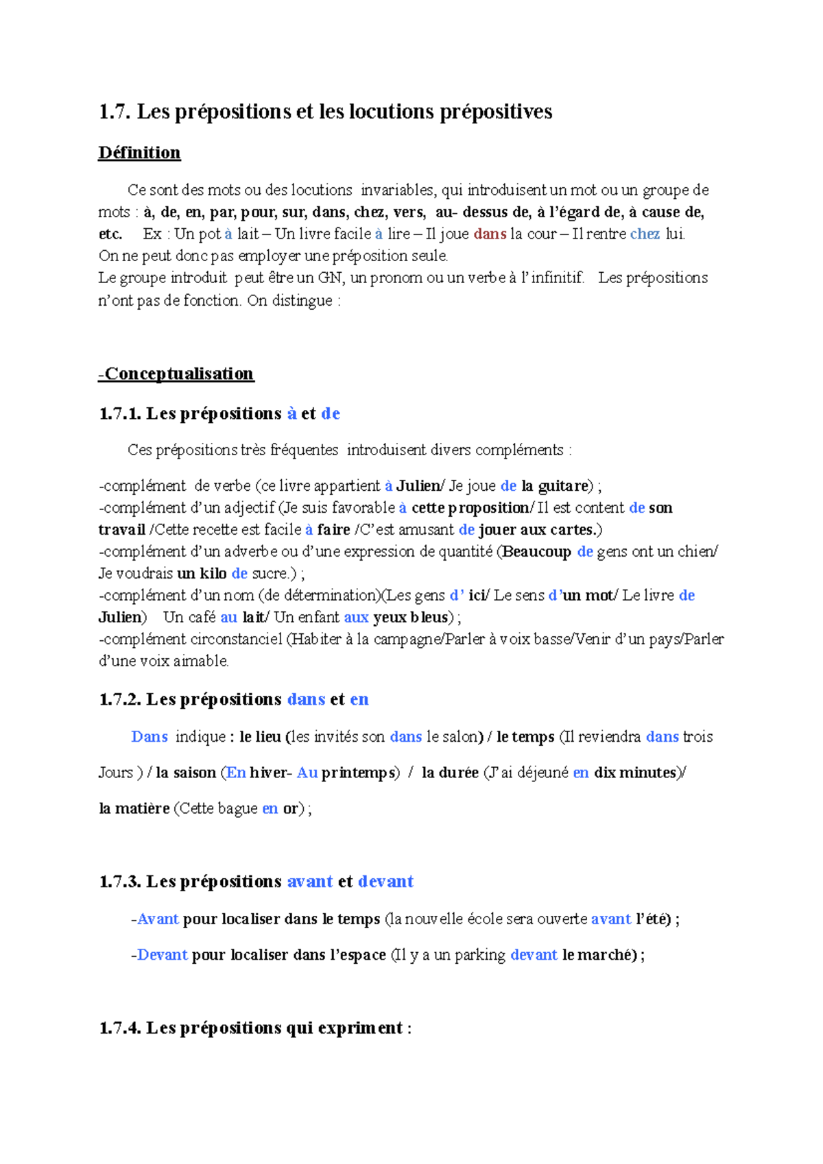 Prépositions et Conjonctions : Concepts et Exercices (FR101) - Studocu