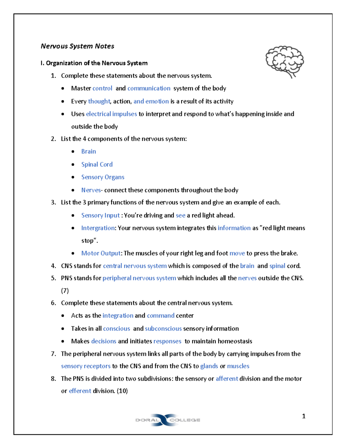 Nervous System Guided Notes z - Nervous System Notes I. Organization of ...