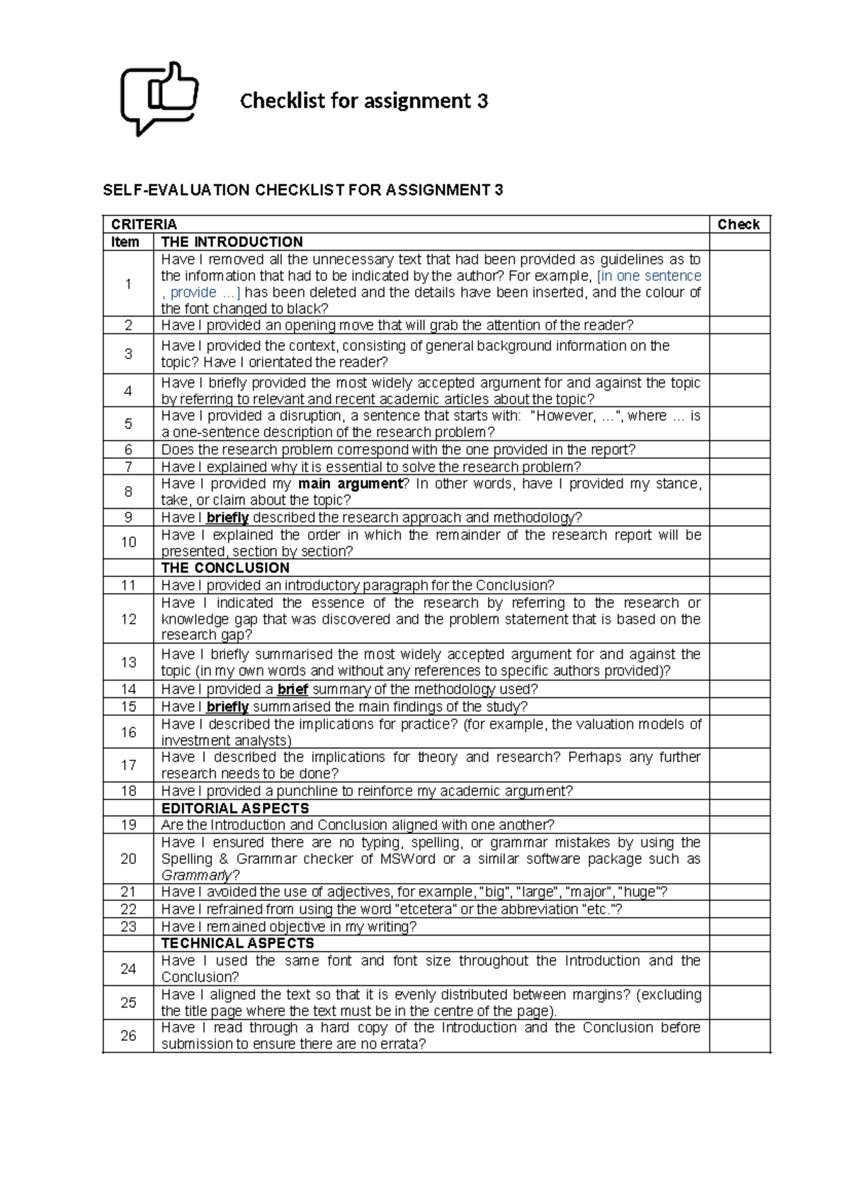 Checklist for assignment 3: criteria and editorial aspects - Studocu