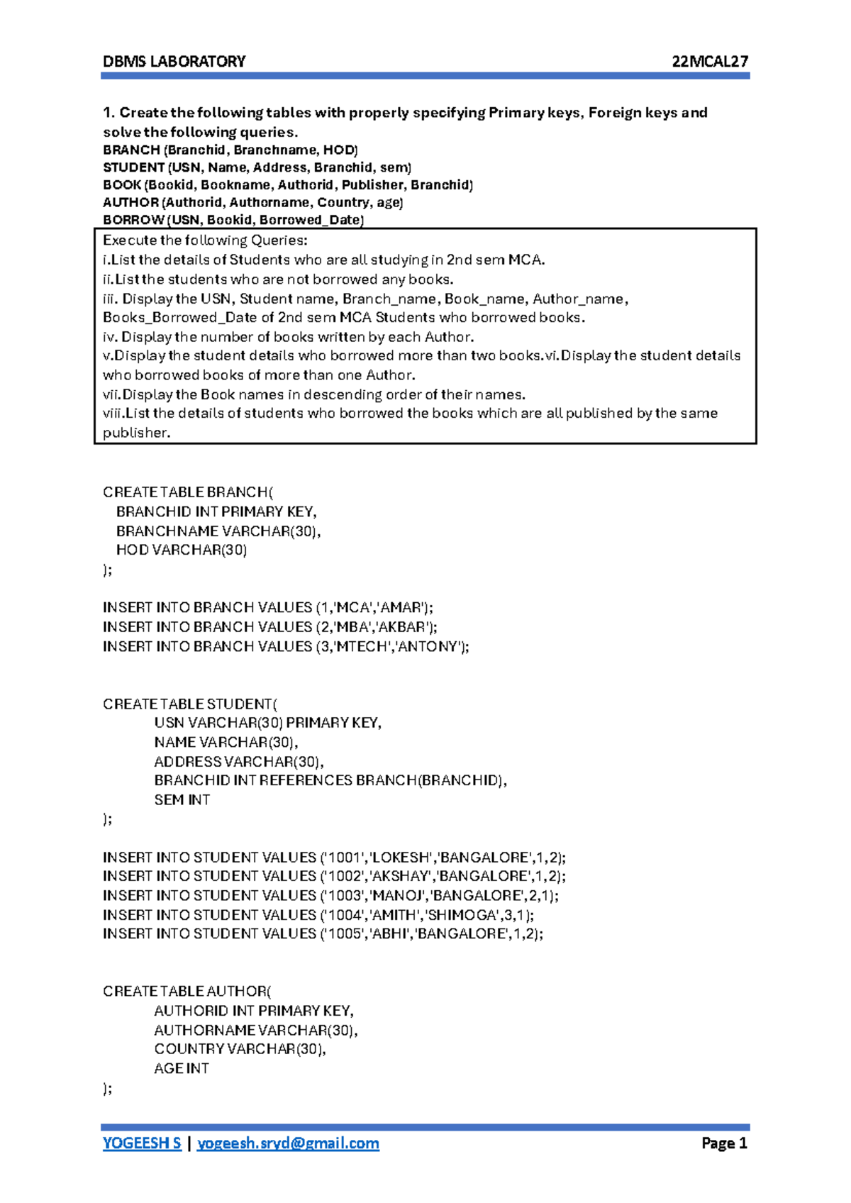 DBMS Lab Exercises and Query Solutions for CS101 - Studocu