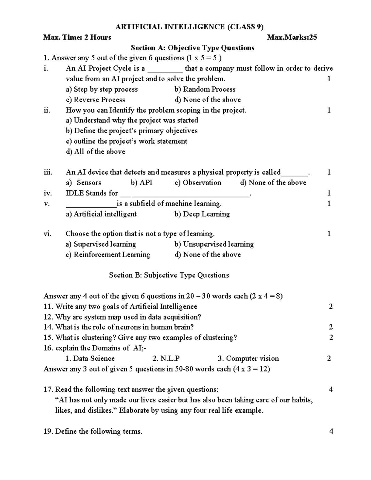 AI (CLASS 9) Practice Paper: PT3 Questions & Answers - Studocu