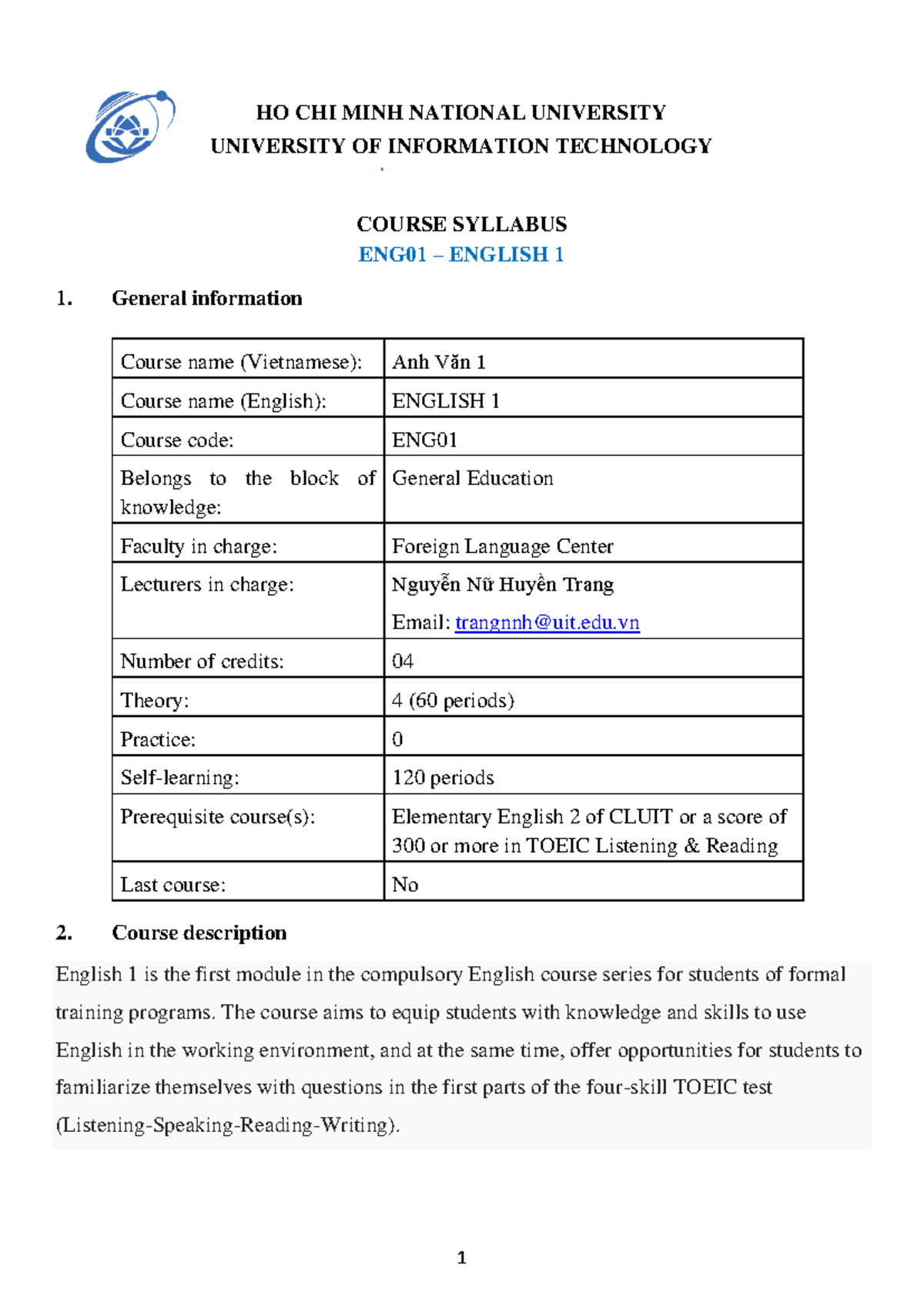 ENG01 Syllabus: English 1 Course Overview and Learning Outcomes - Studocu