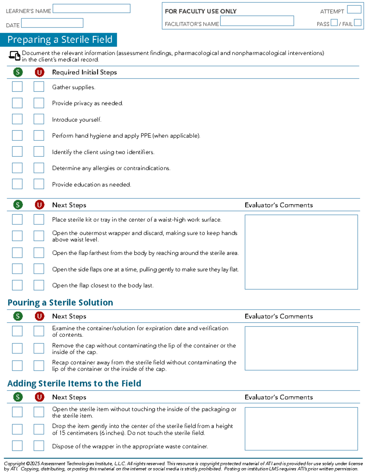 ATI Skill Checklist: Preparing a Sterile Field and Procedures - Studocu