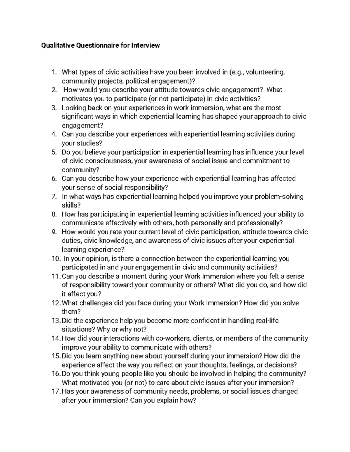 Qualitative Questionnaire on Civic Engagement & Experiential Learning ...