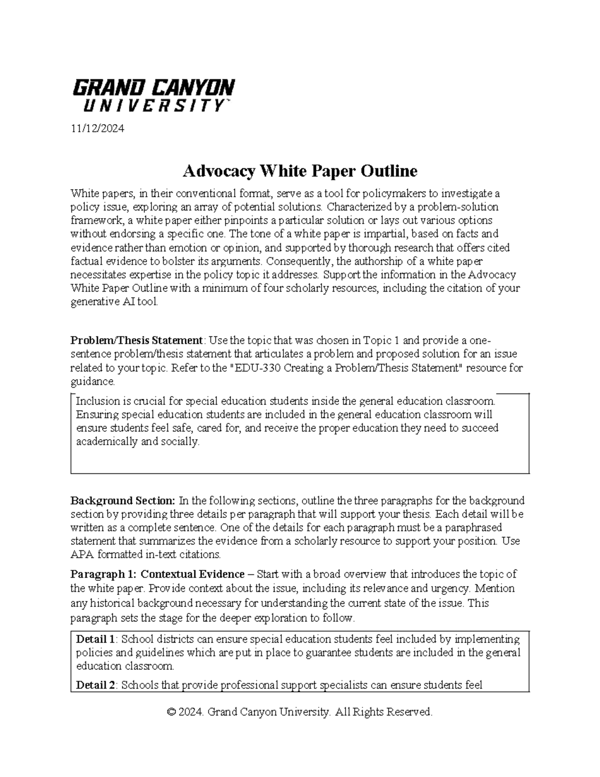 Edu-330 Final Exam - Advocacy White Paper Outline for Inclusion - Studocu