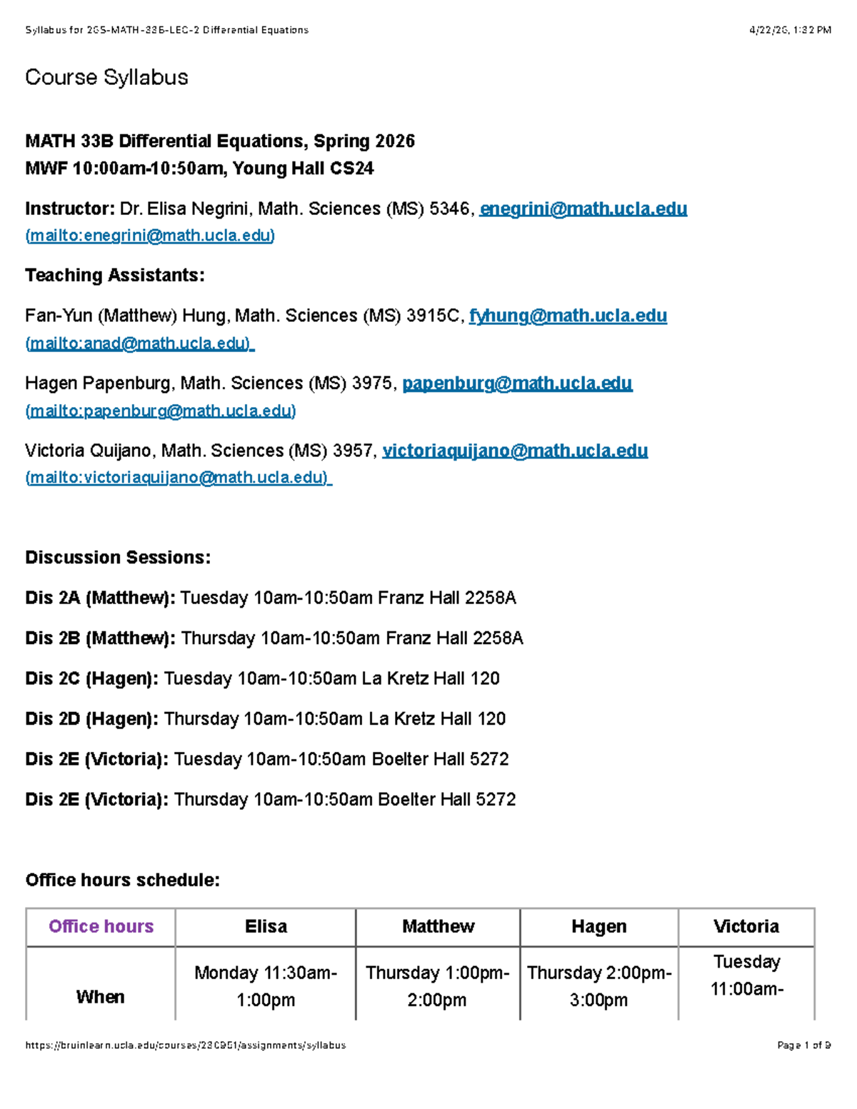 Syllabus for MATH 33B: Differential Equations, Spring 2026 - Studocu