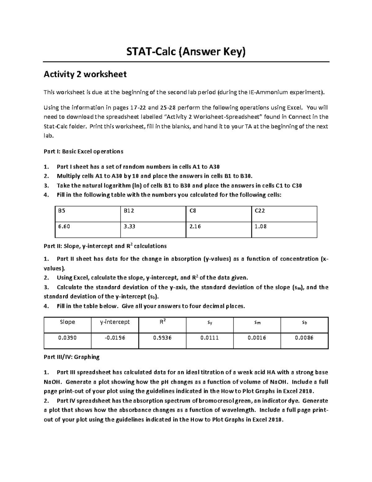 Stat-Calc Activity 2 Worksheet - Answer Key and Excel Guide - Studocu