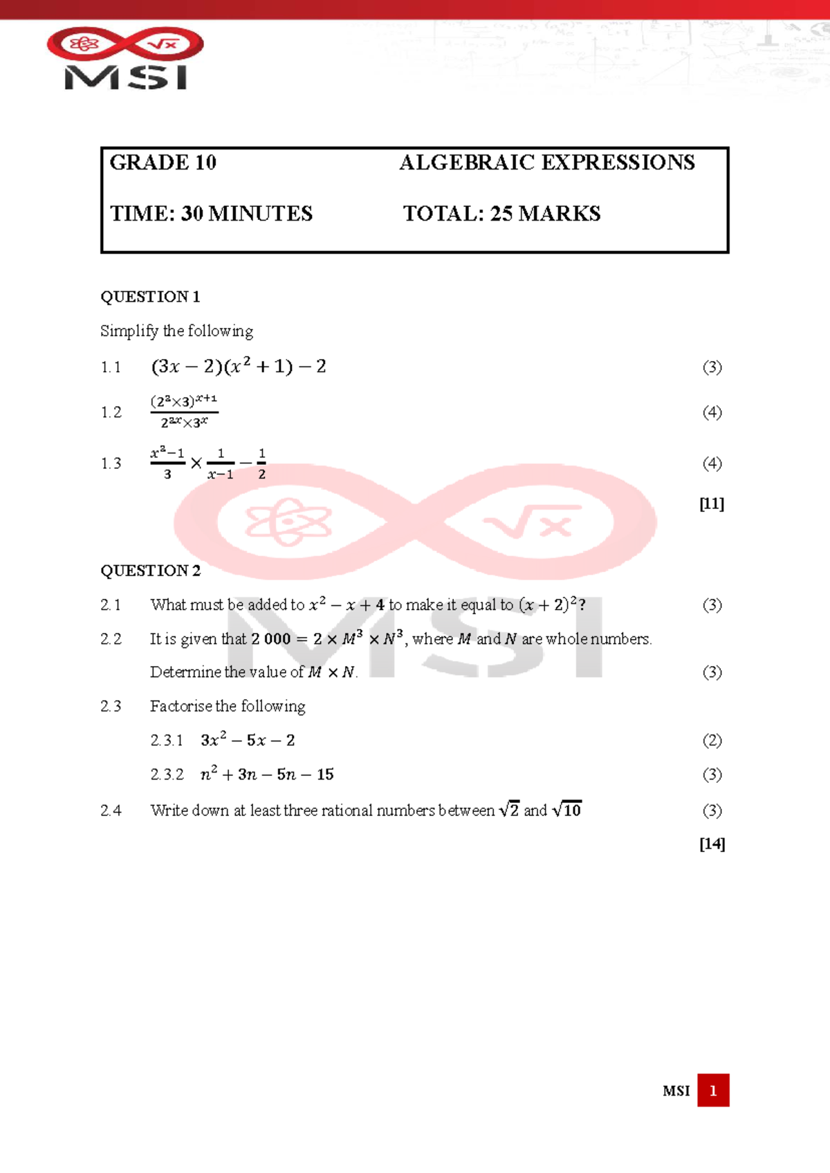 Grade 10 Algebraic Expressions Test - 30 Min, 25 Marks - Studocu