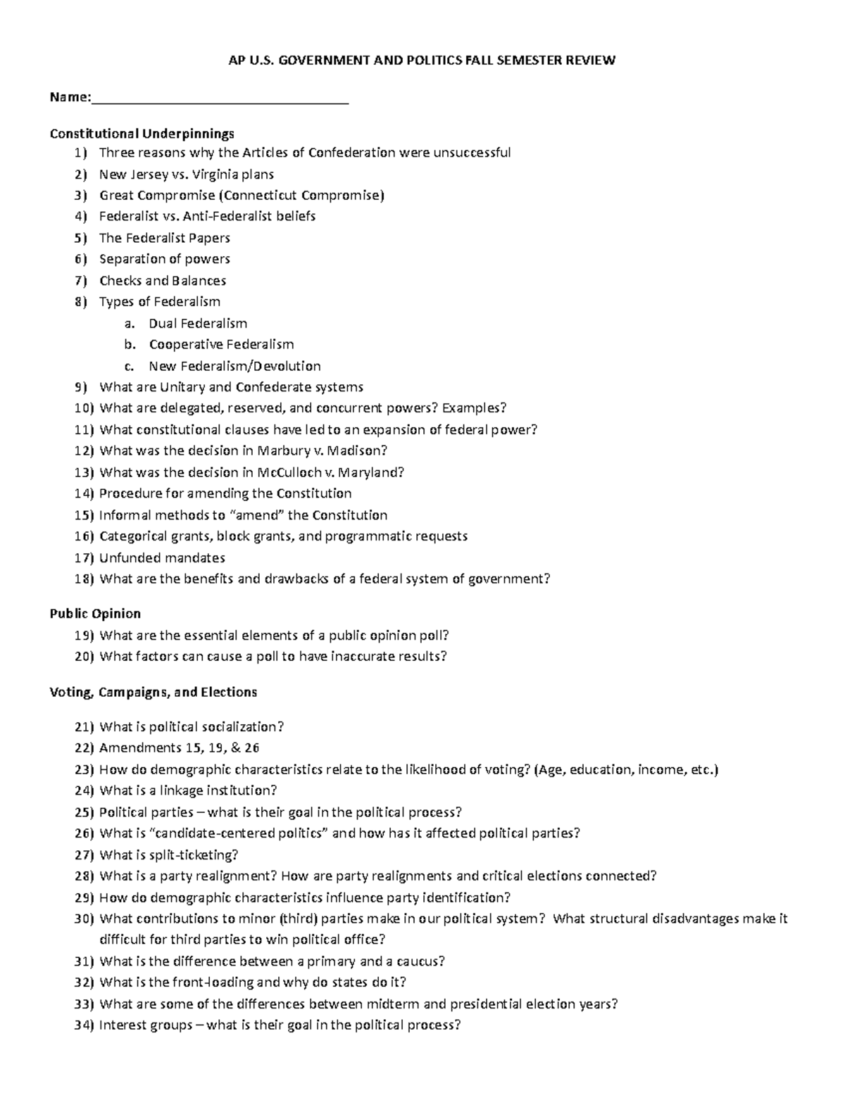 AP Gov Fall Semester: Comprehensive Questions Review for Exam - Studocu