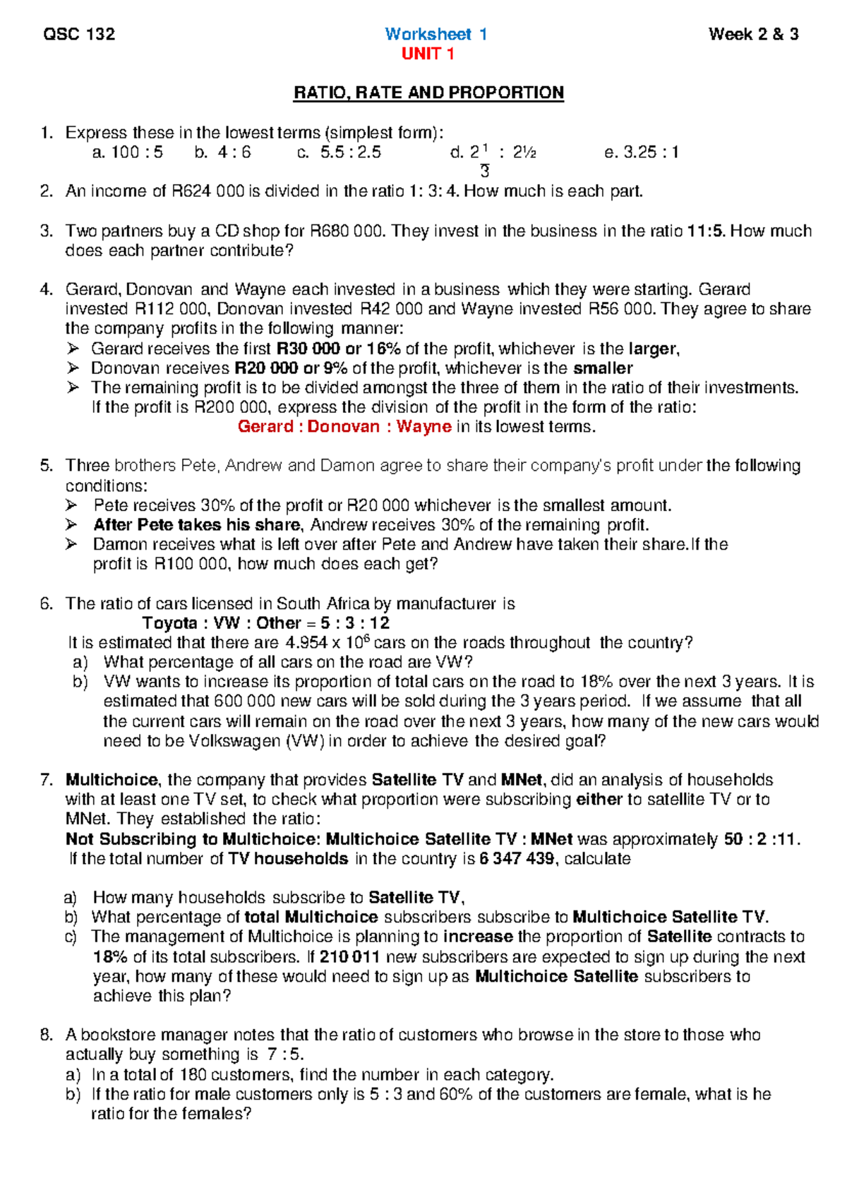 QSC 132 Worksheet 1 - UNIT 1 Week 2: Ratios, Rates & Proportions - Studocu