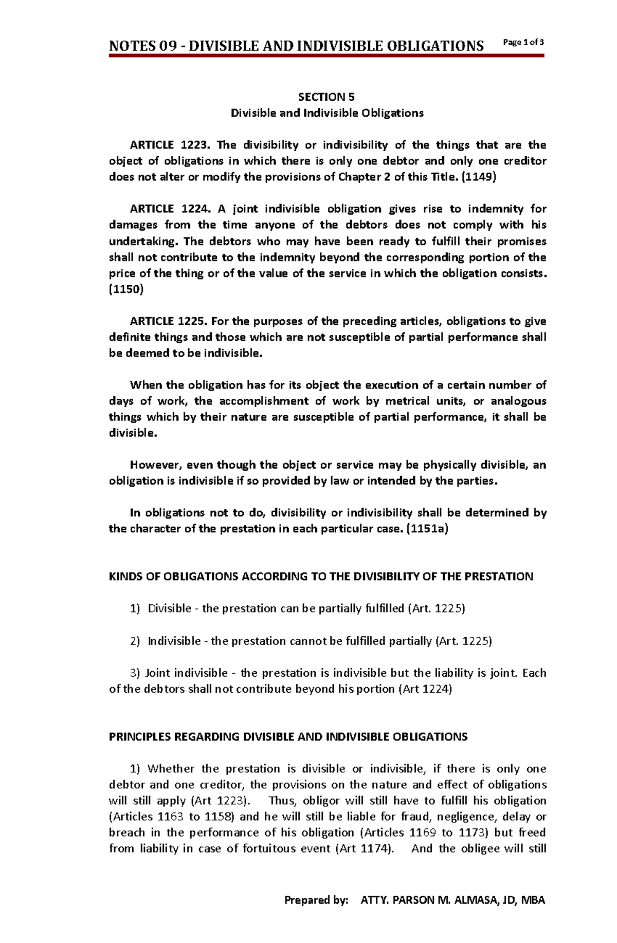 Notes 09 - Overview of Divisible and Indivisible Obligations - Studocu