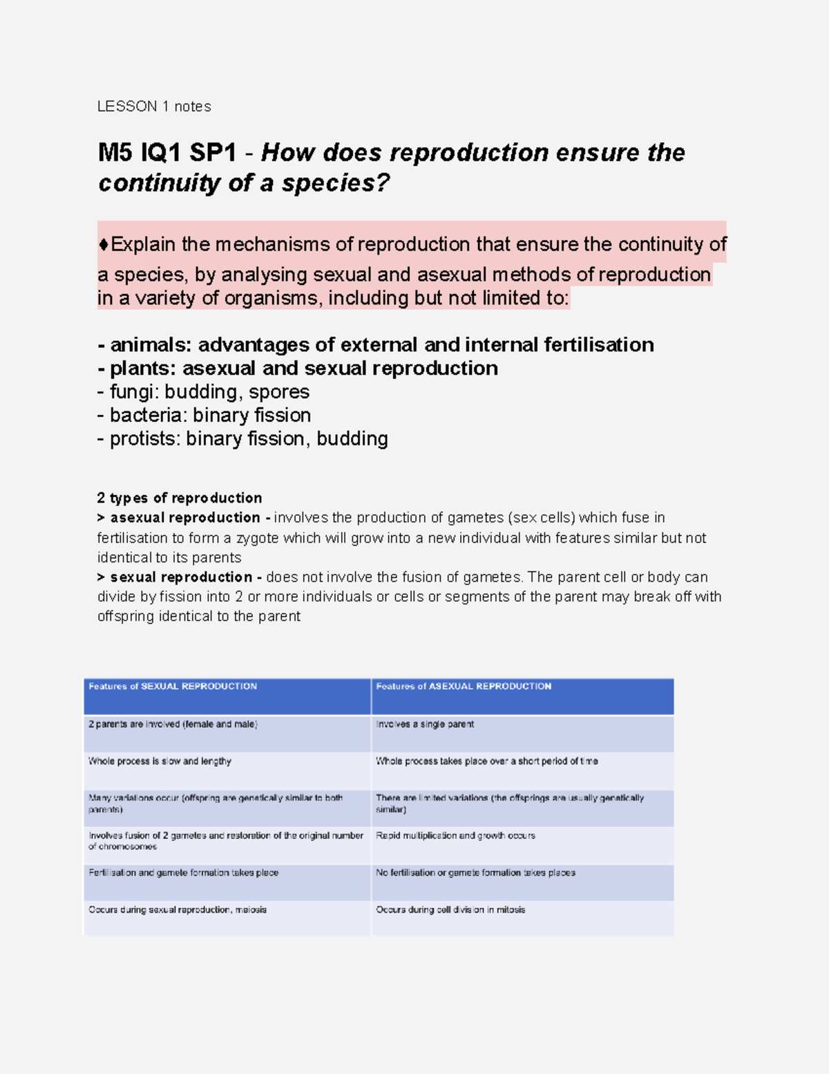 M5 Iq1 Sp1 How Does Reproduction Ensure The Continuity Of A Species Lesson 1 Notes M5 Iq1