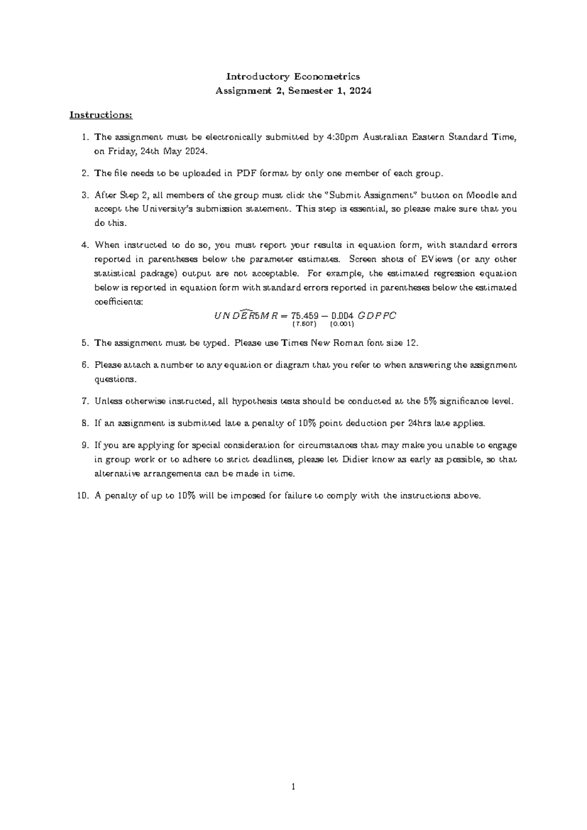 ETC2410 Introductory Econometrics Assignment 2 Guidelines and ...