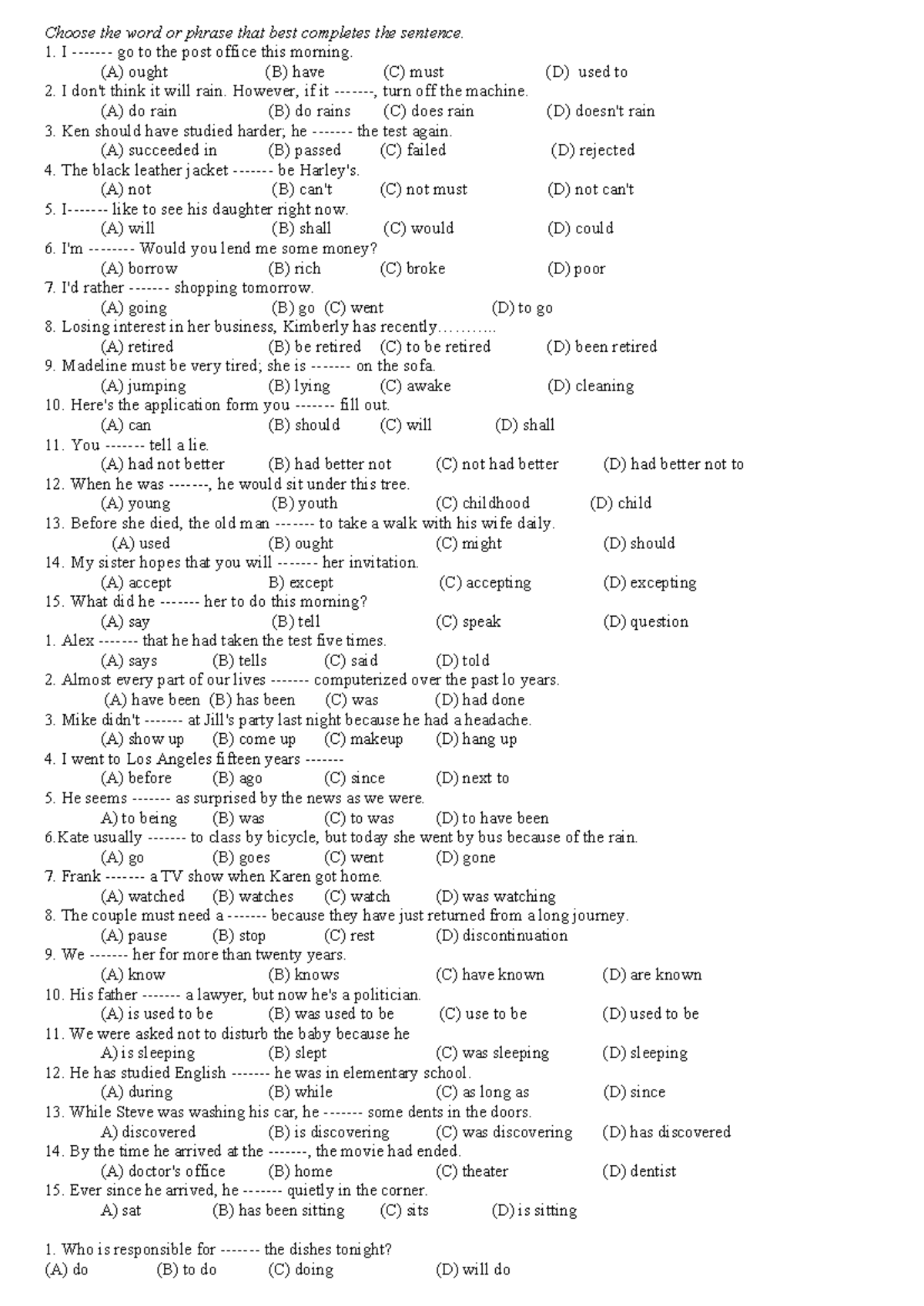 Multiple Choice Questions - English Grammar Practice (Course Code ...