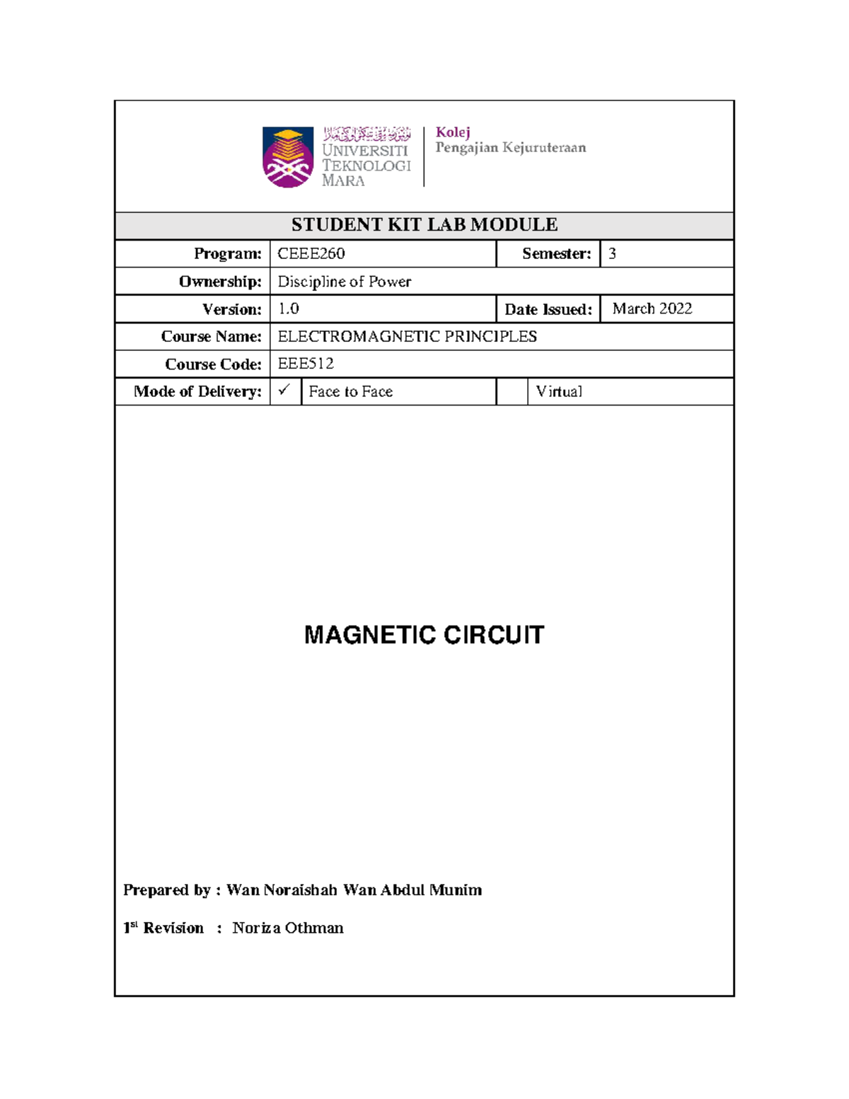 Magnetic Circuit Lab Module: Electromagnetic Principles (SEM 3) - Studocu