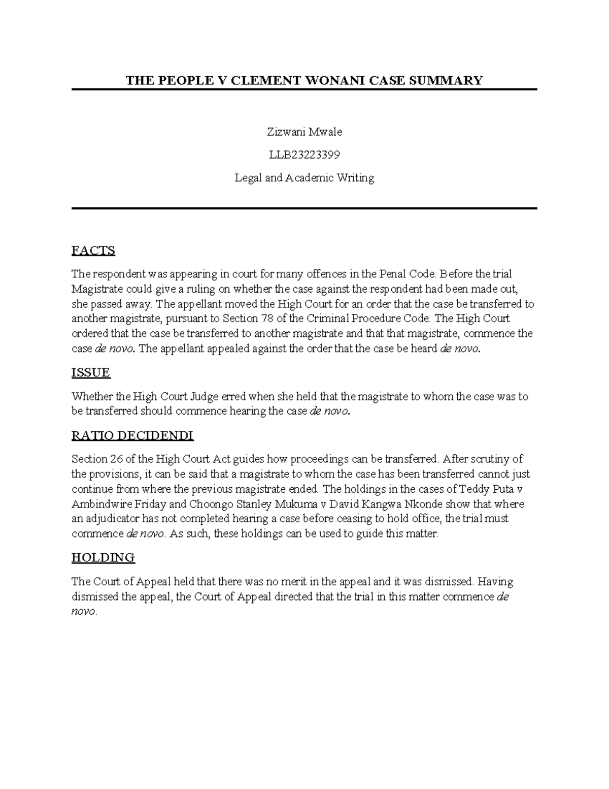 LLB Case Summary: The People v. Clement Wonani Analysis - Studocu