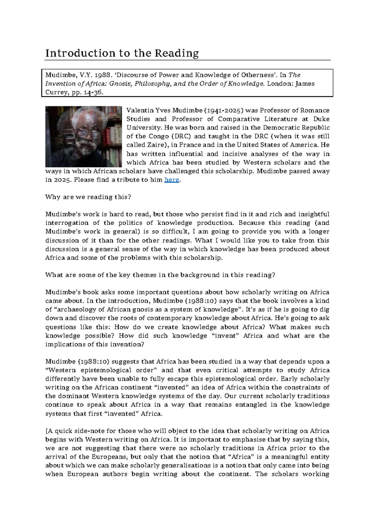 Discourse of Power and Knowledge in Mudimbe's Work (1988) - Studocu