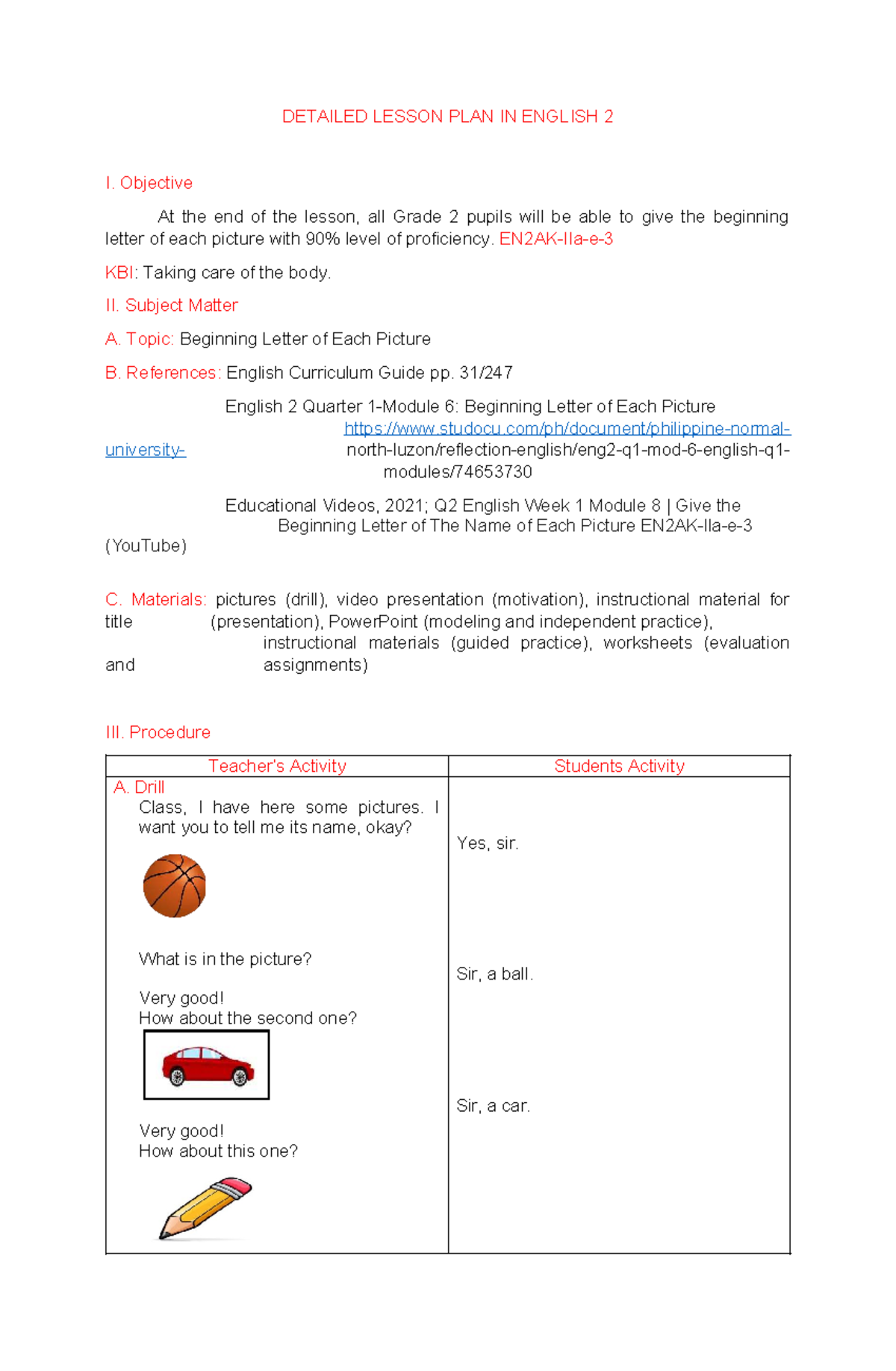 Detailed Lesson Plan in English 2: Beginning Letters of Pictures - Studocu