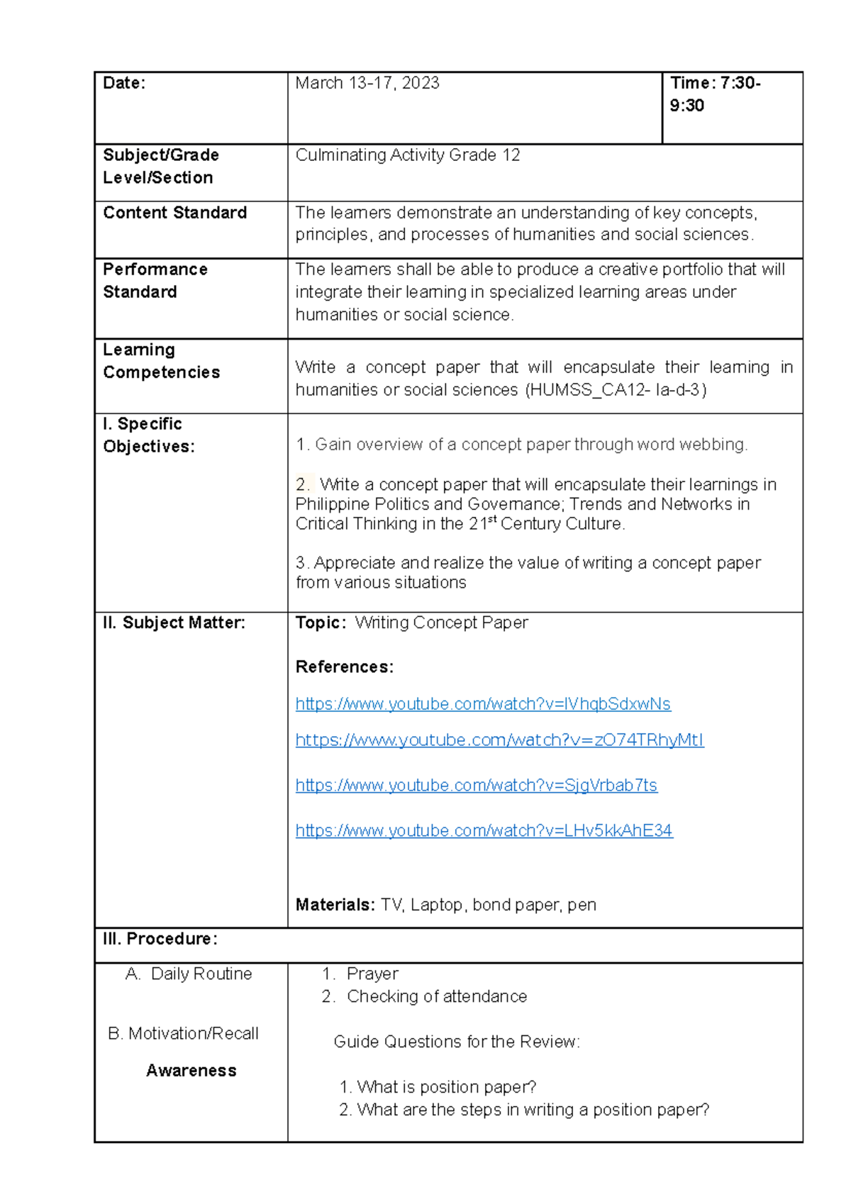 HUMSS_CA12 Concept Paper Final - Lesson Plan for Culminating Activity ...