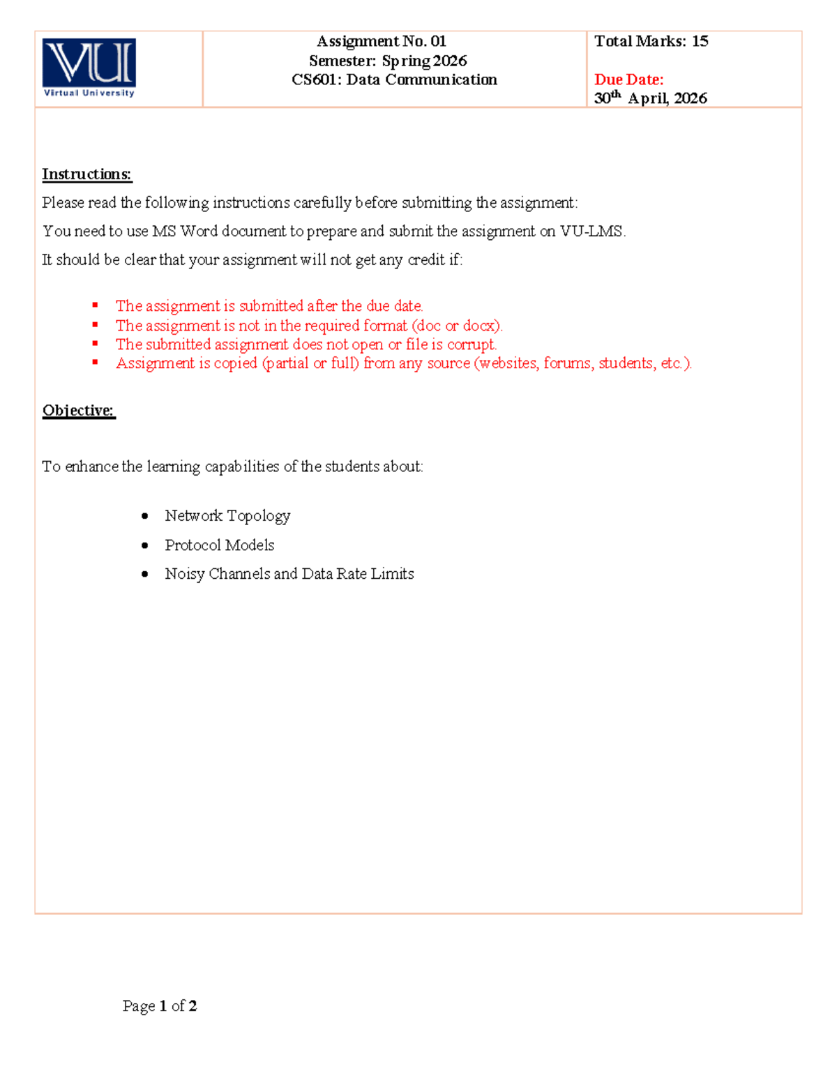 CS601 Assignment 01: Data Communication Guidelines & Objectives - Studocu