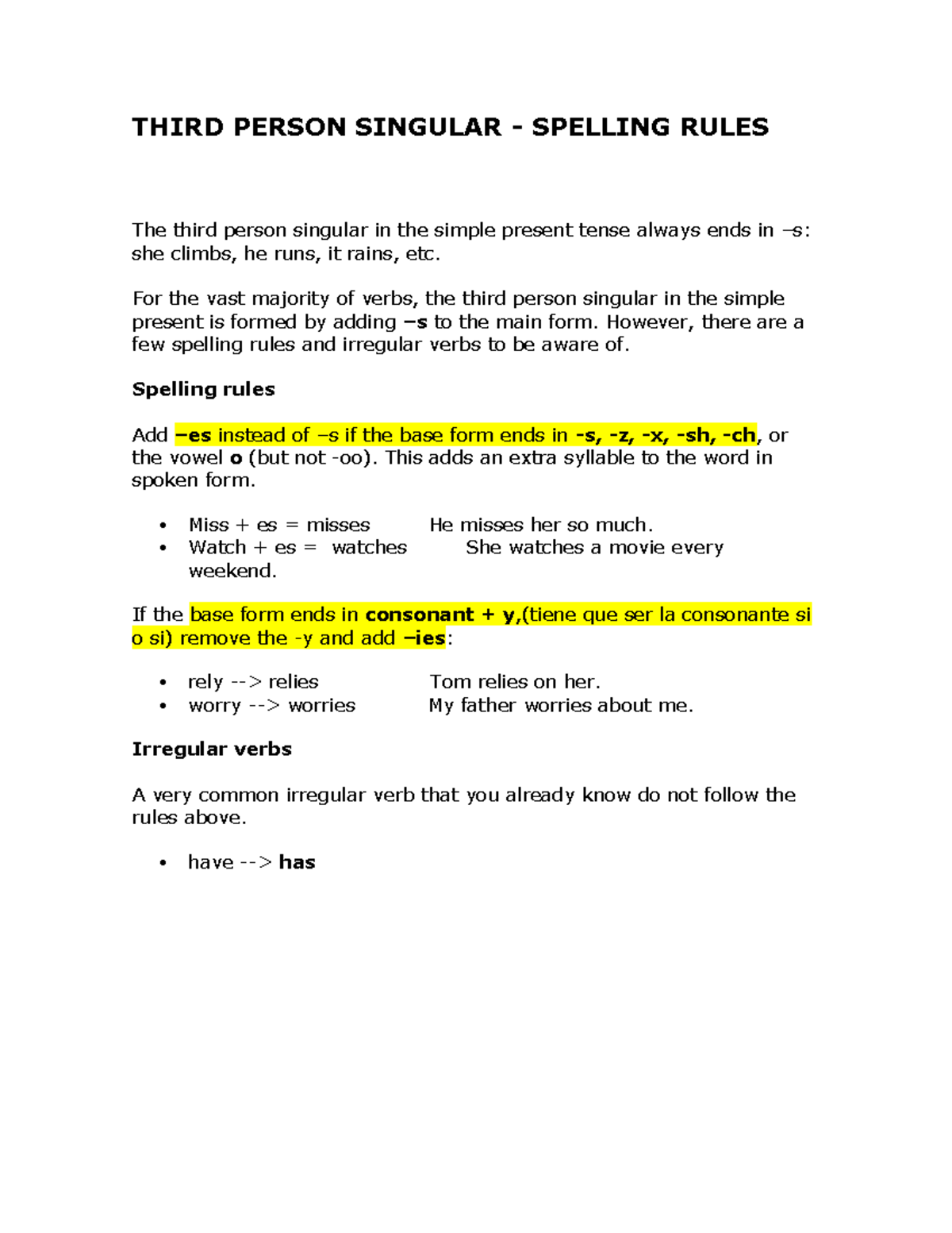 Third Person Singular Spelling Rules - Ingles Tareas - Studocu