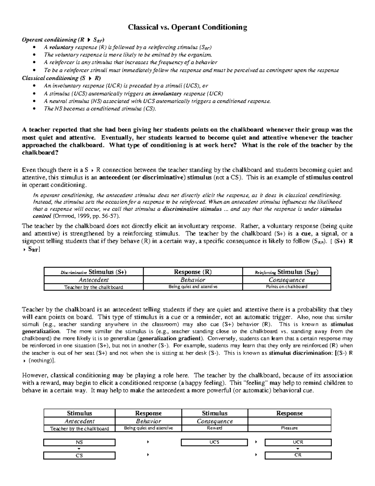 Operant-conditioning-handout - Classical vs. Operant Conditioning ...