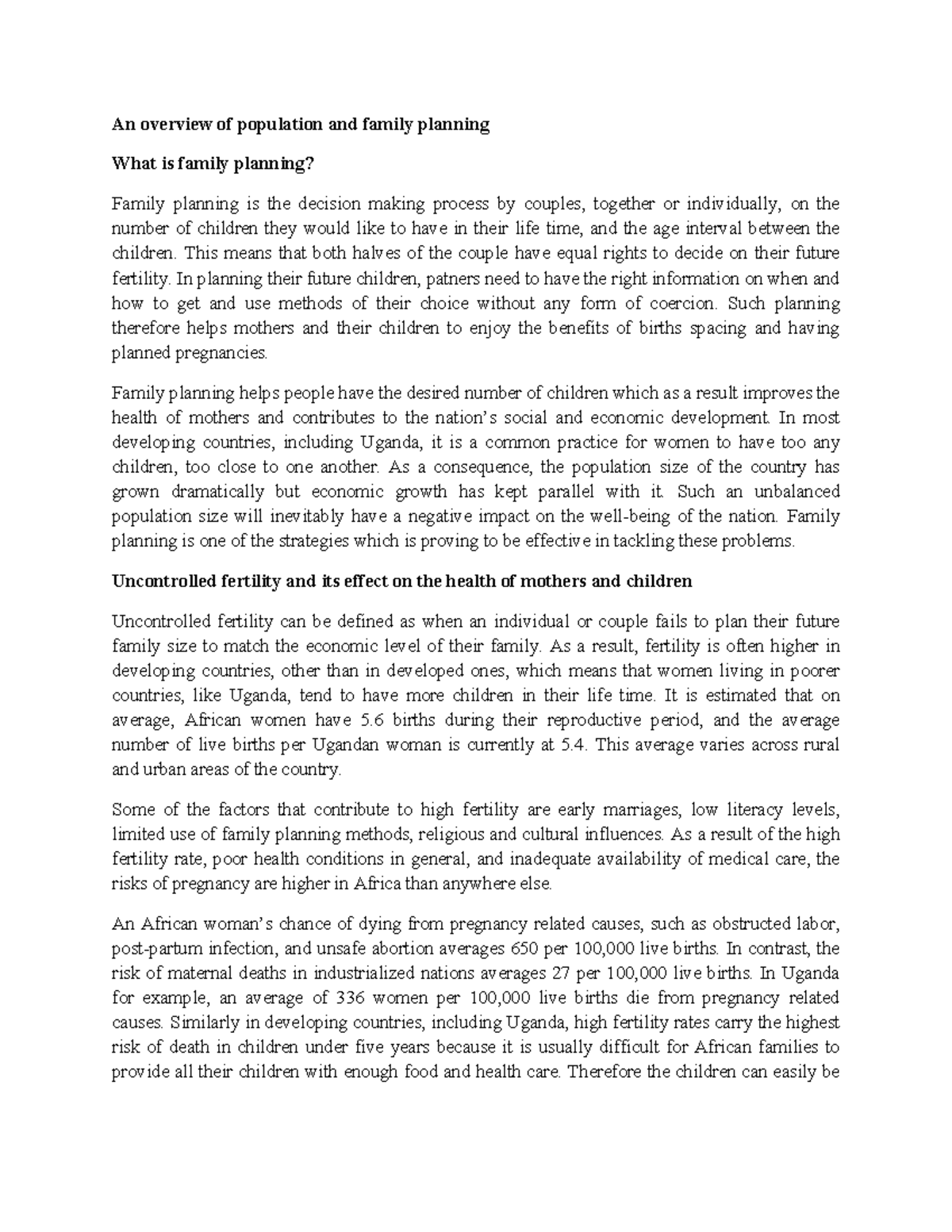 DRH 2107 Family Planning: Understanding Population Control and Health - Studocu