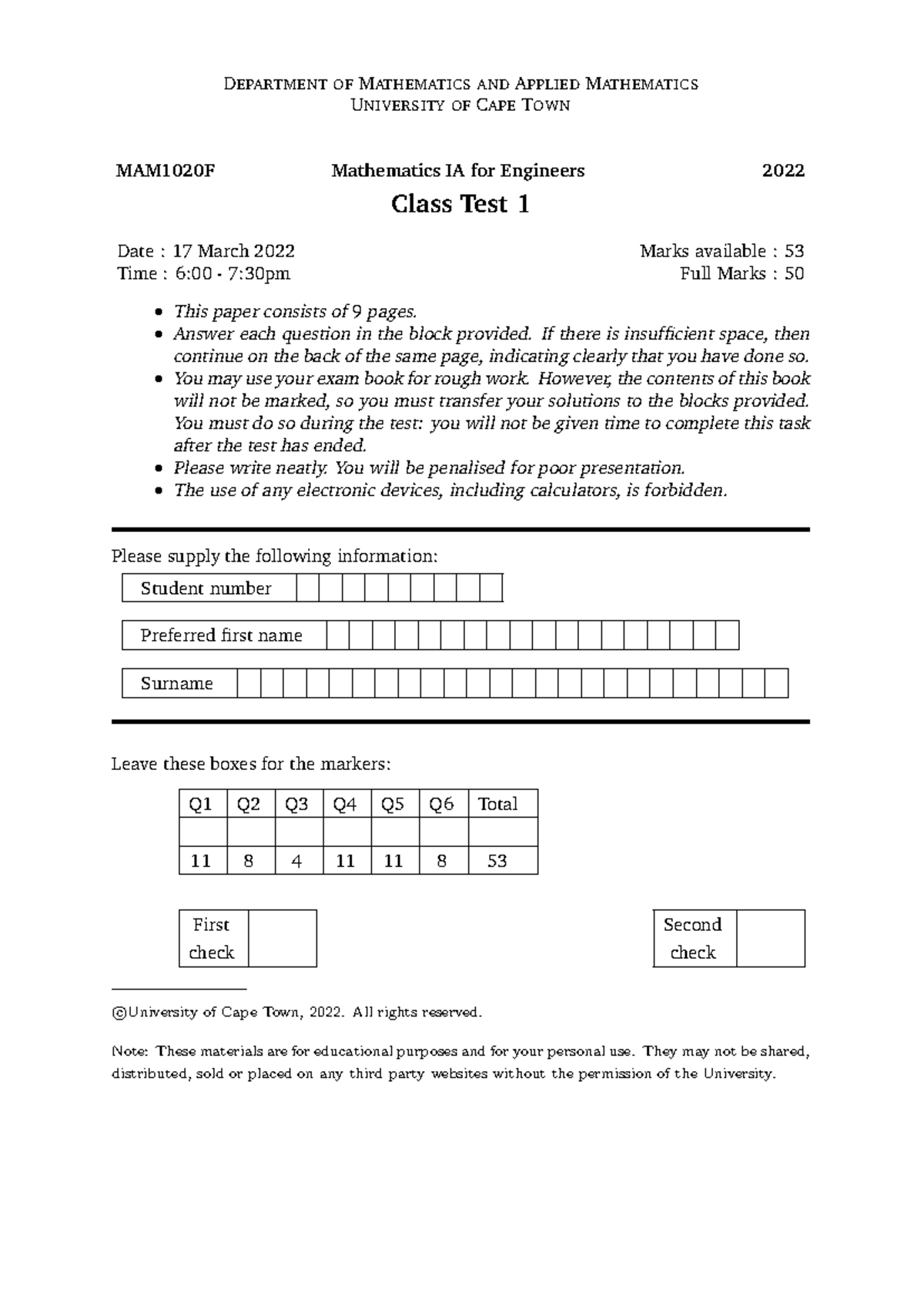 MAM1020F 2022 Mathematics IA Class Test 1 Questions and Guidelines ...