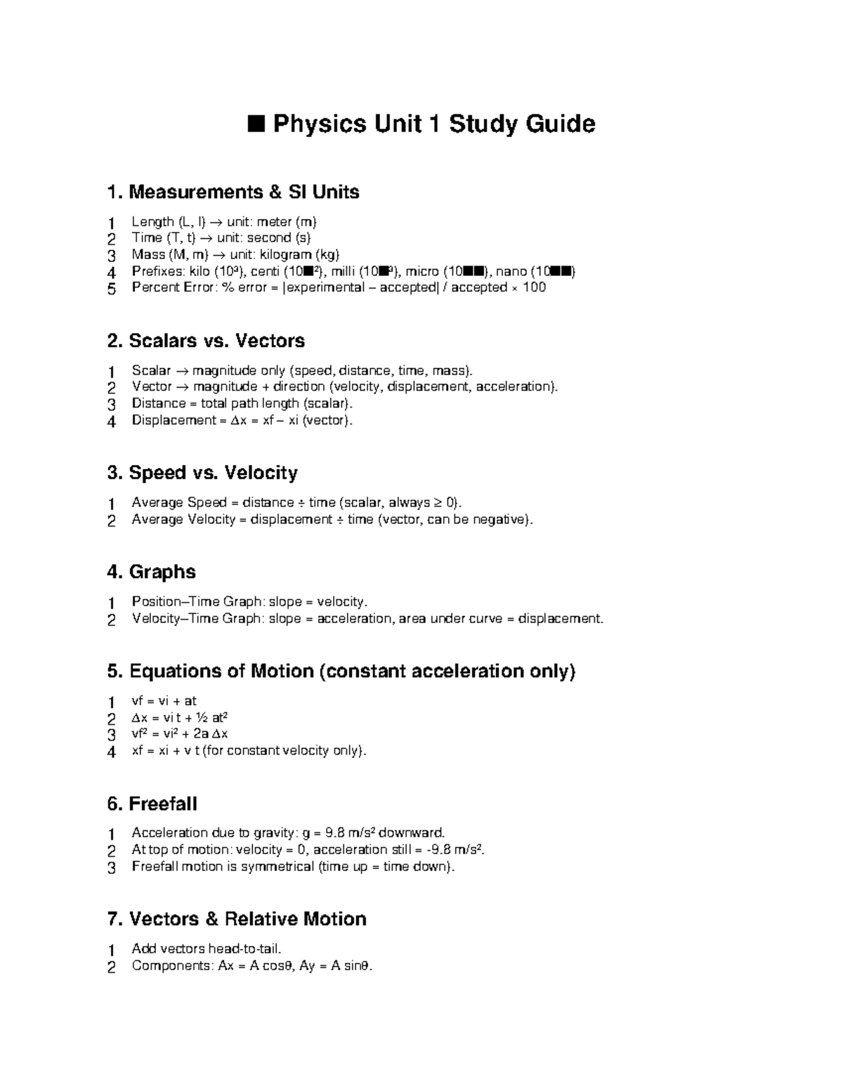 Physics Unit 1 Study Guide: Measurements, Scalars, Vectors & Motion ...
