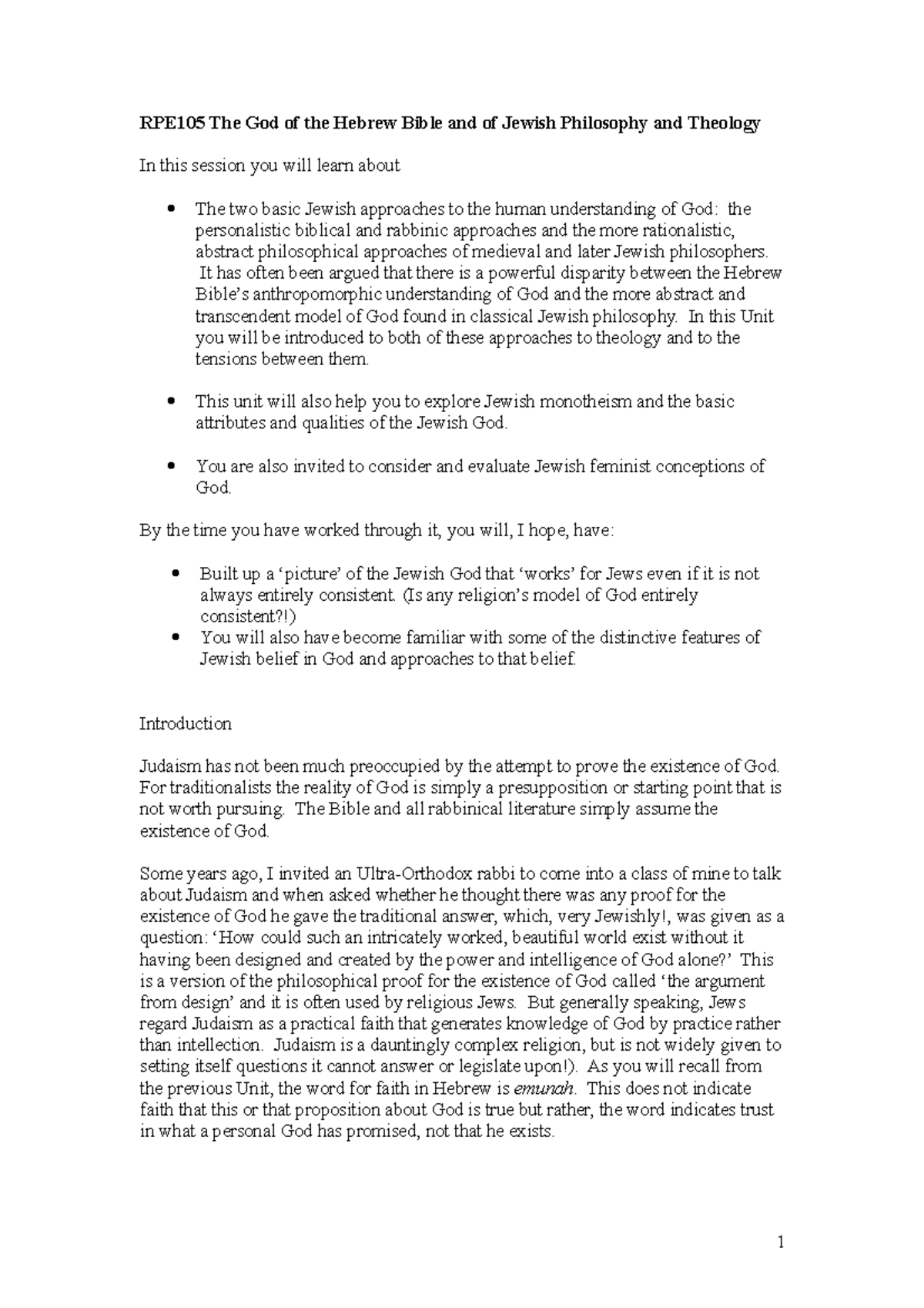 RPE105 Jewish concepts of God - RPE105 The God of the Hebrew Bible and ...