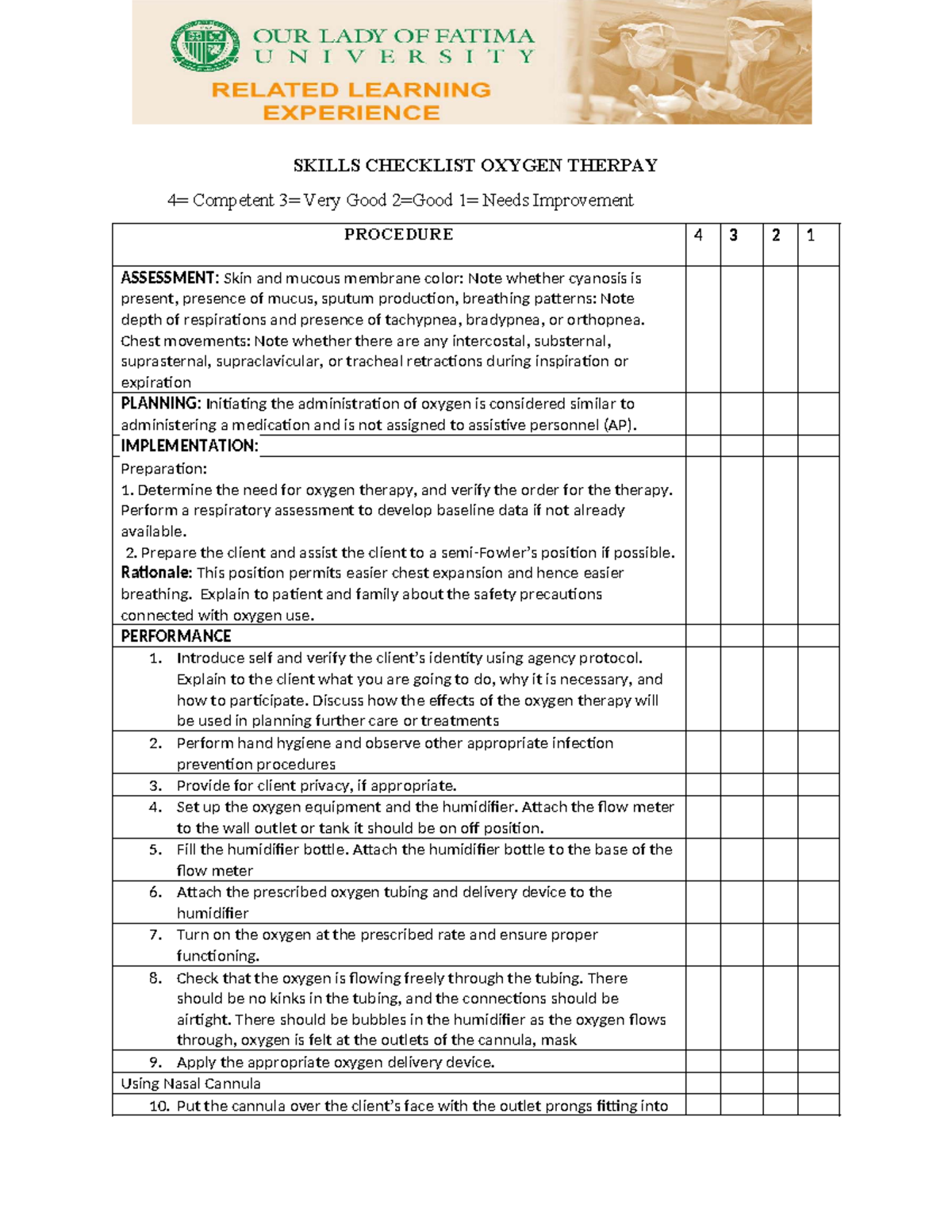 OXYGEN THERAPY SKILLS CHECKLIST: Competency Assessment - Studocu
