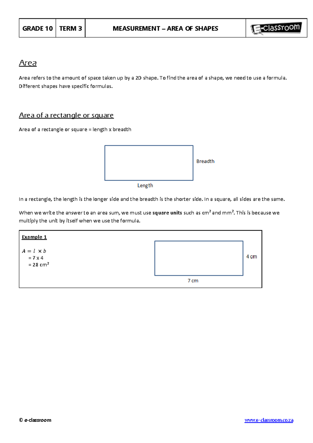 GRADE 10 TERM 3 MEASUREMENT: AREA OF SHAPES EXPLAINED - Studocu