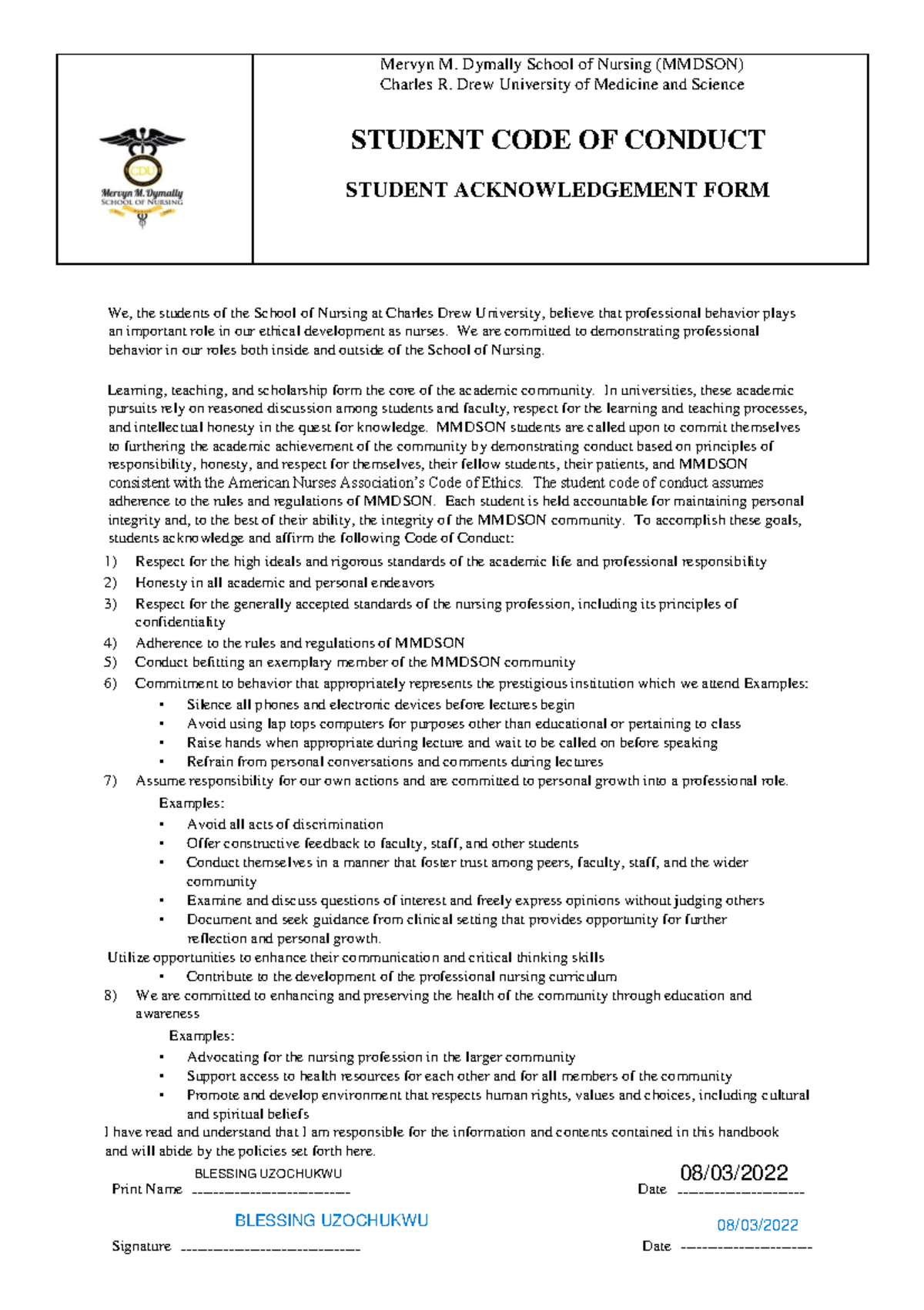 MMDSON Student Code of Conduct Acknowledgement Form - Studocu
