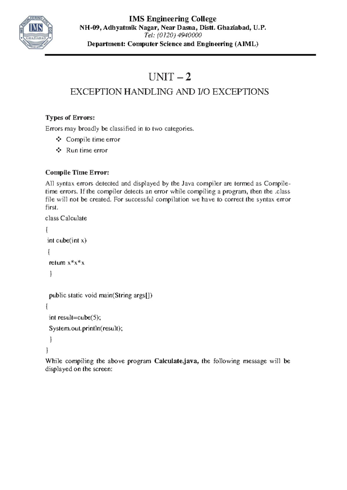 Unit-2: Exception Handling and I/O Streams (CSE AIML) - Studocu