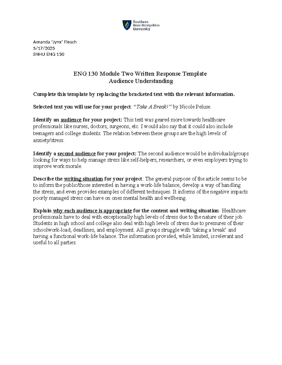 ENG 130 Module Two Written Response: Audience Analysis & Insights - Studocu