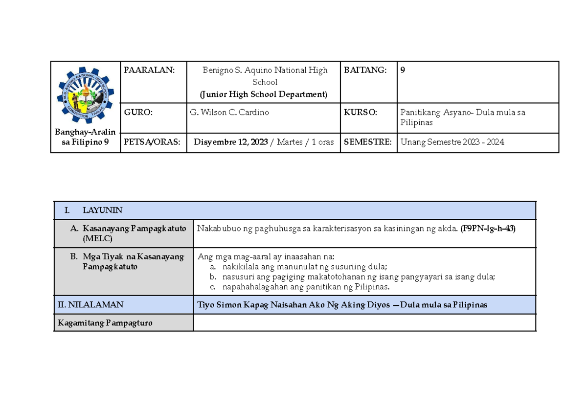 Banghay-Aralin sa Filipino 9: Pagsusuri ng Dulang Tiyo Simon - Studocu