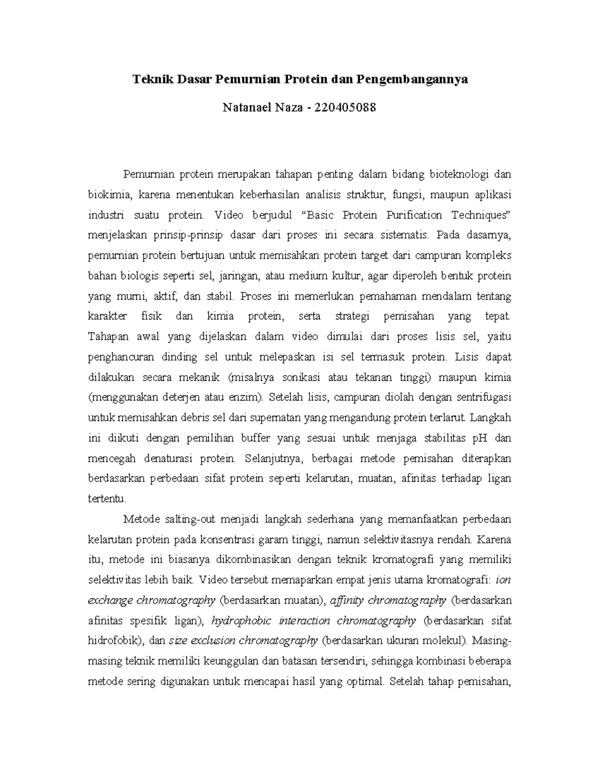 Esai Teknik Pemurnian Protein: Dasar dan Inovasi Terkini - Studocu