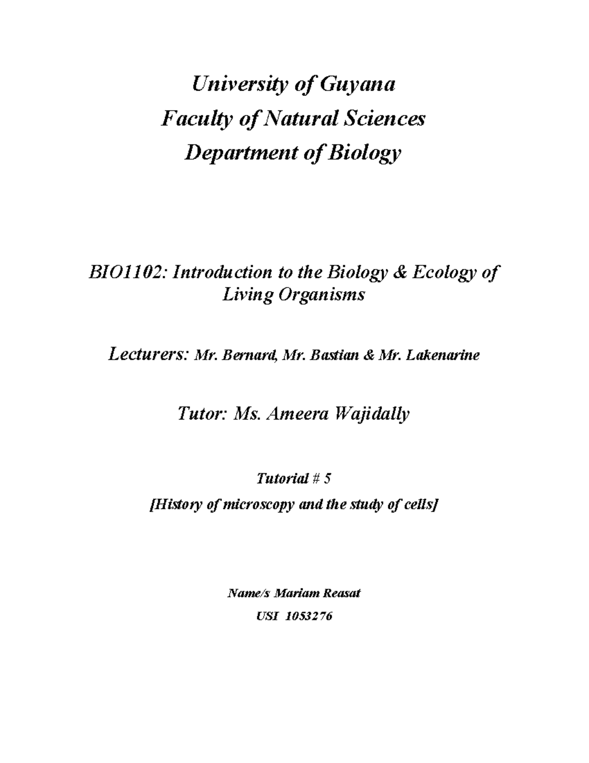 BIO1102 - Cover page format - University of Guyana Faculty of Natural ...
