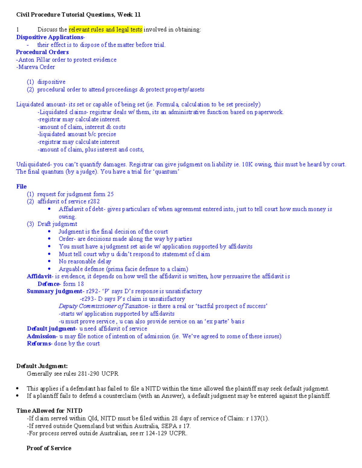Civil Procedure Tutorial Questions - Week 11 Overview - Studocu