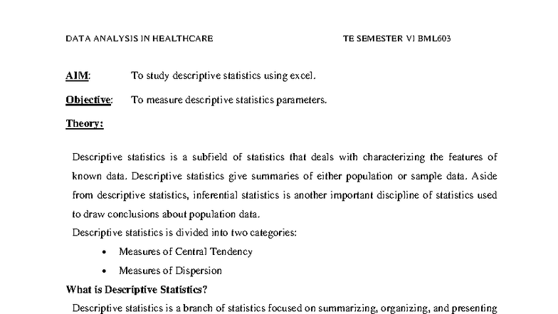 DATA ANALYSIS IN HEALTHCARE LAB MANUAL - BML603 - Studocu