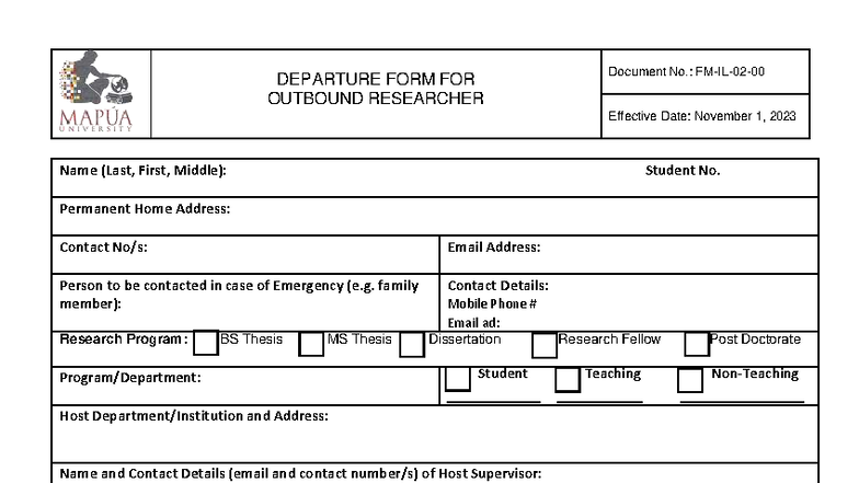 Outbound Researcher Departure Form - Effective Nov 1, 2023 - Studocu