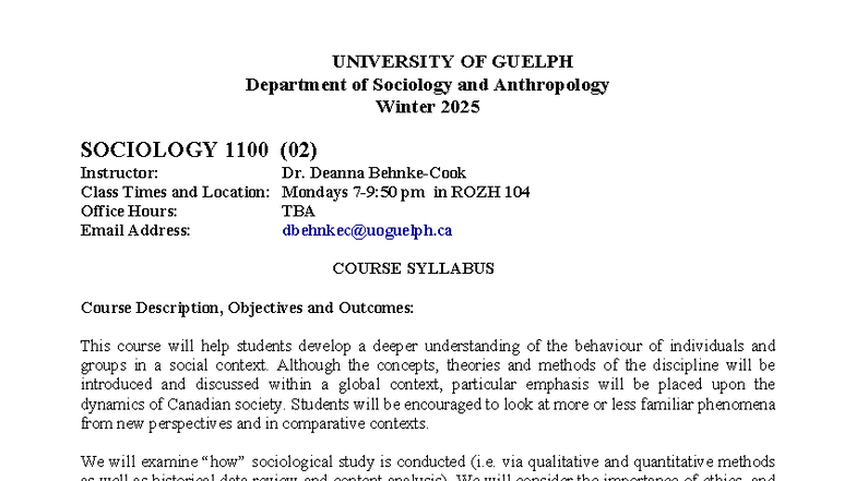 SOC 1100 W25 Course Outline: Intro to Sociology & Assessment Details ...