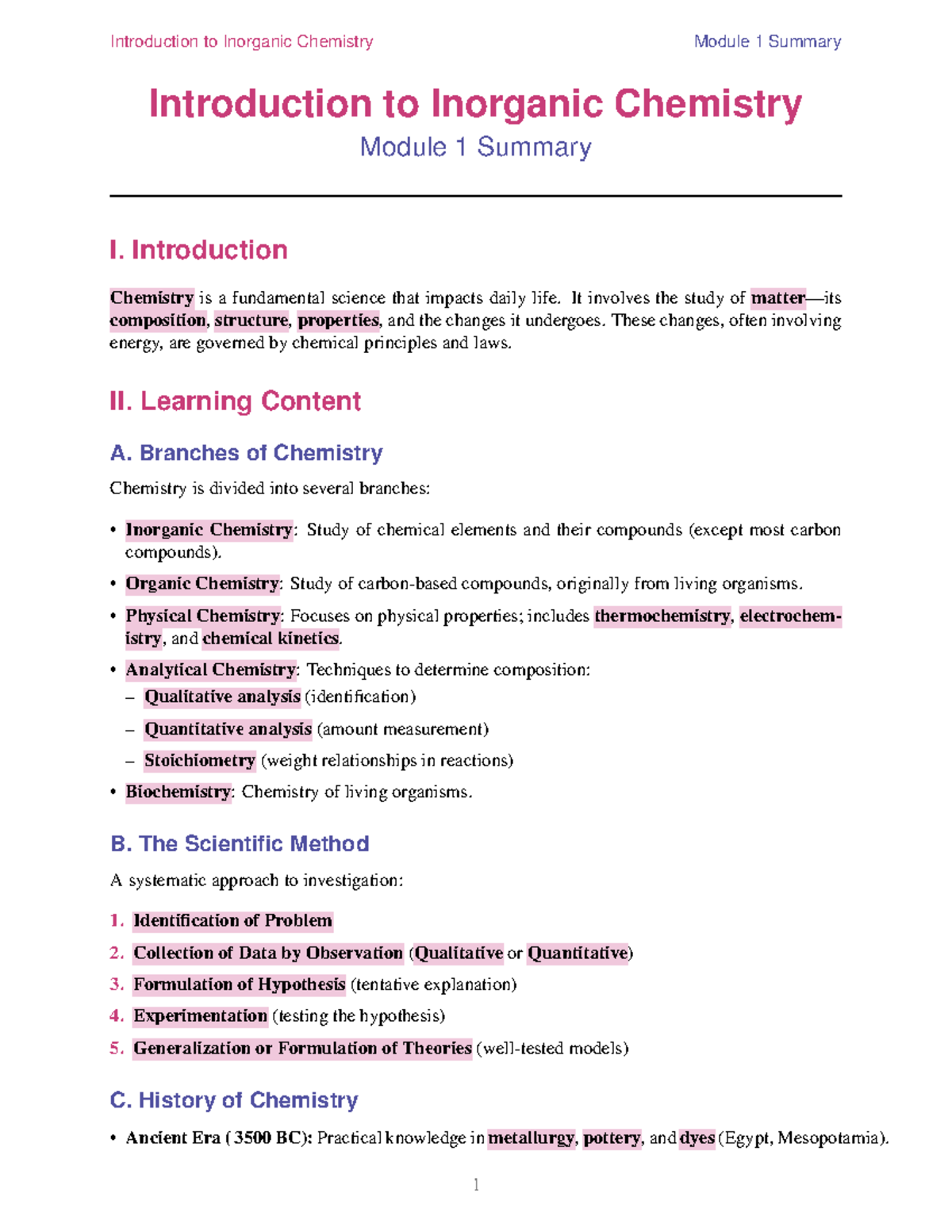 Chem 1: Inorganic Chemistry Module 1 Summary and Key Concepts - Studocu