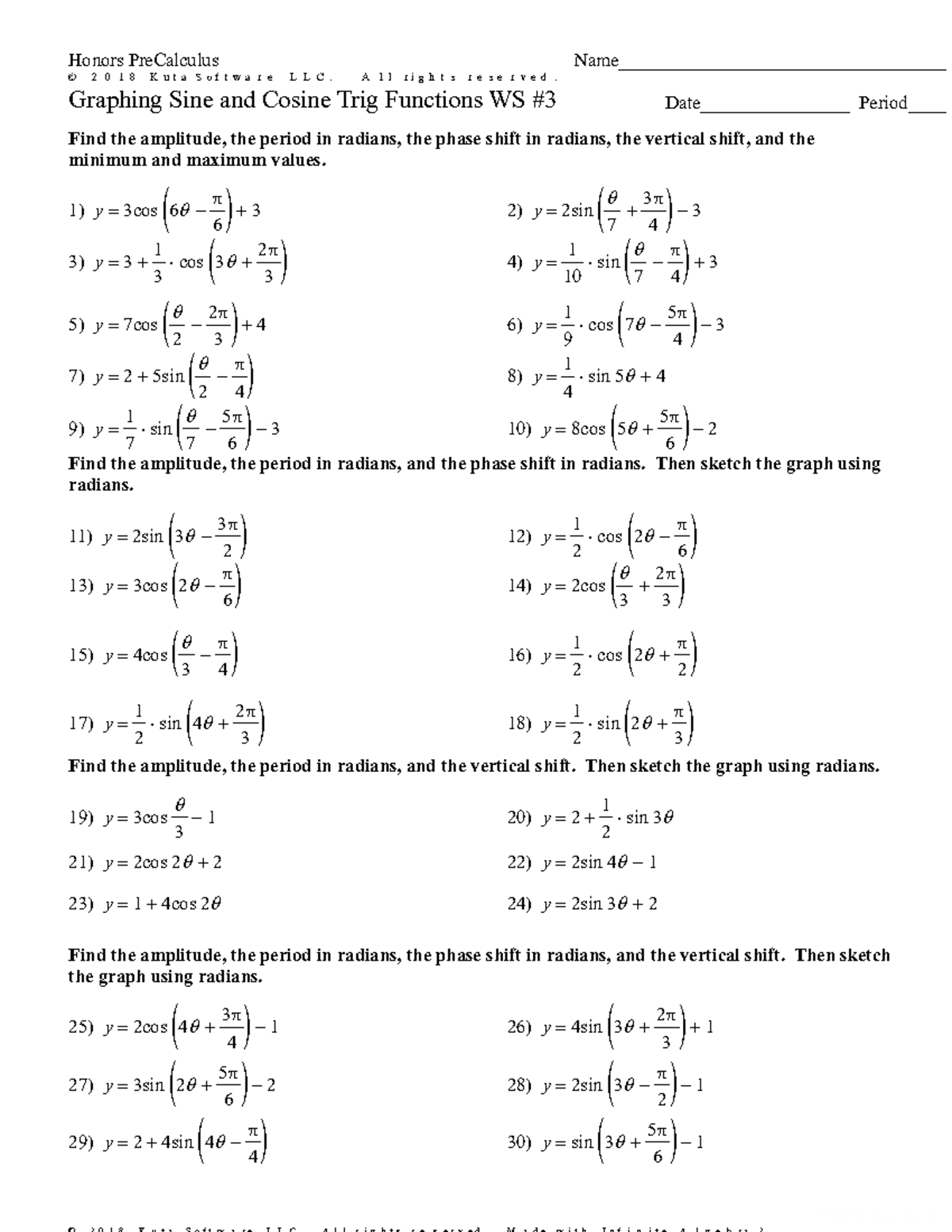 Graphing Sine and Cosine Trig Functions WS #3 for PreCalculus - Studocu